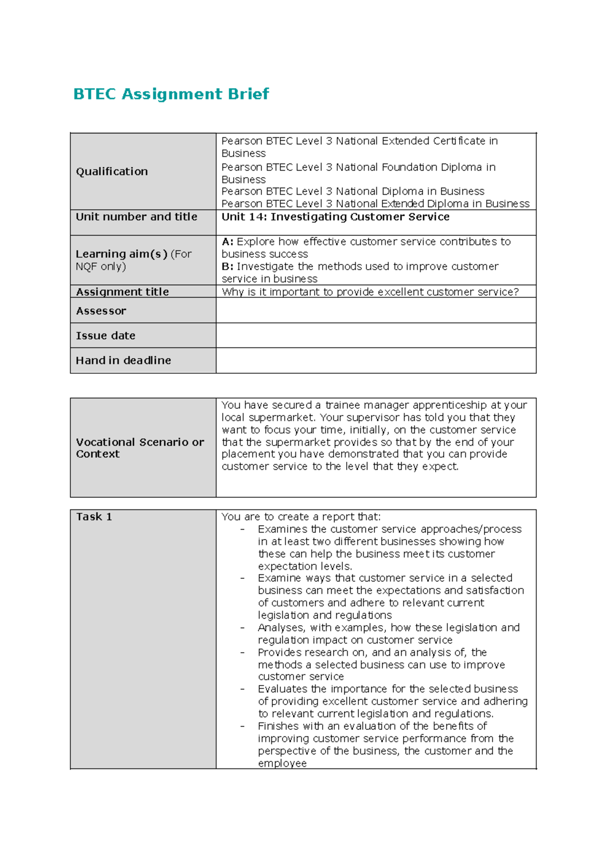BTEC Assignment Brief- Unit 14- Learning aims AB - BTEC Assignment ...