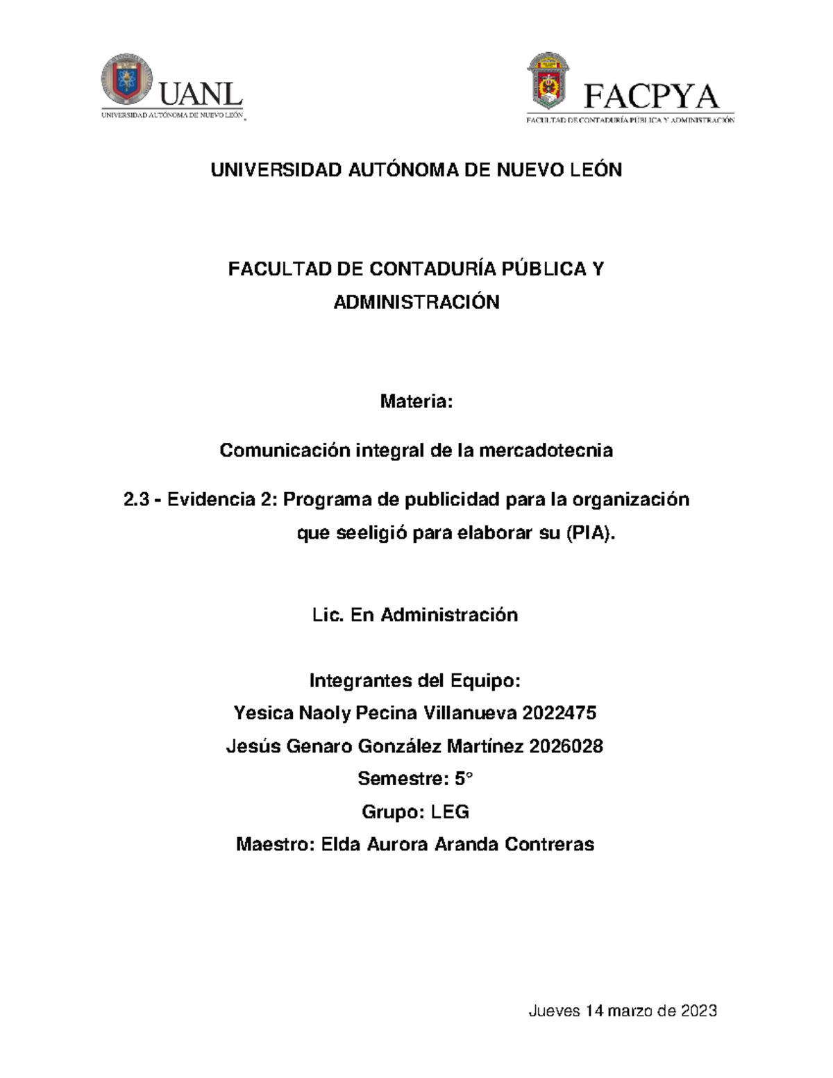 Ev 2 Programa De Publicidad Para La Organización Que Se Eligió Para Elaborar Su Pia Lic En