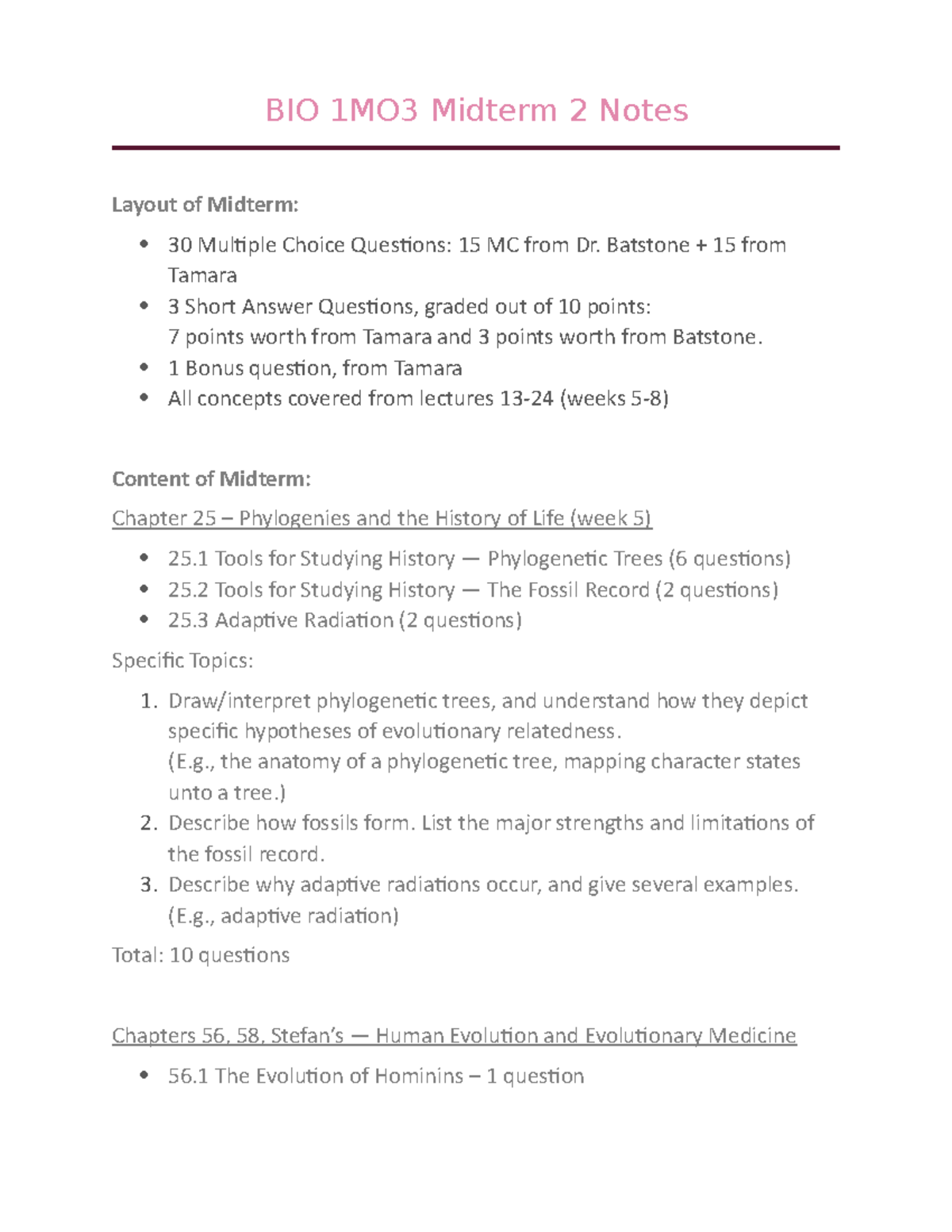Bio midterm - BIO 1MO3 Midterm 2 Notes Layout of Midterm: 30 Multiple ...