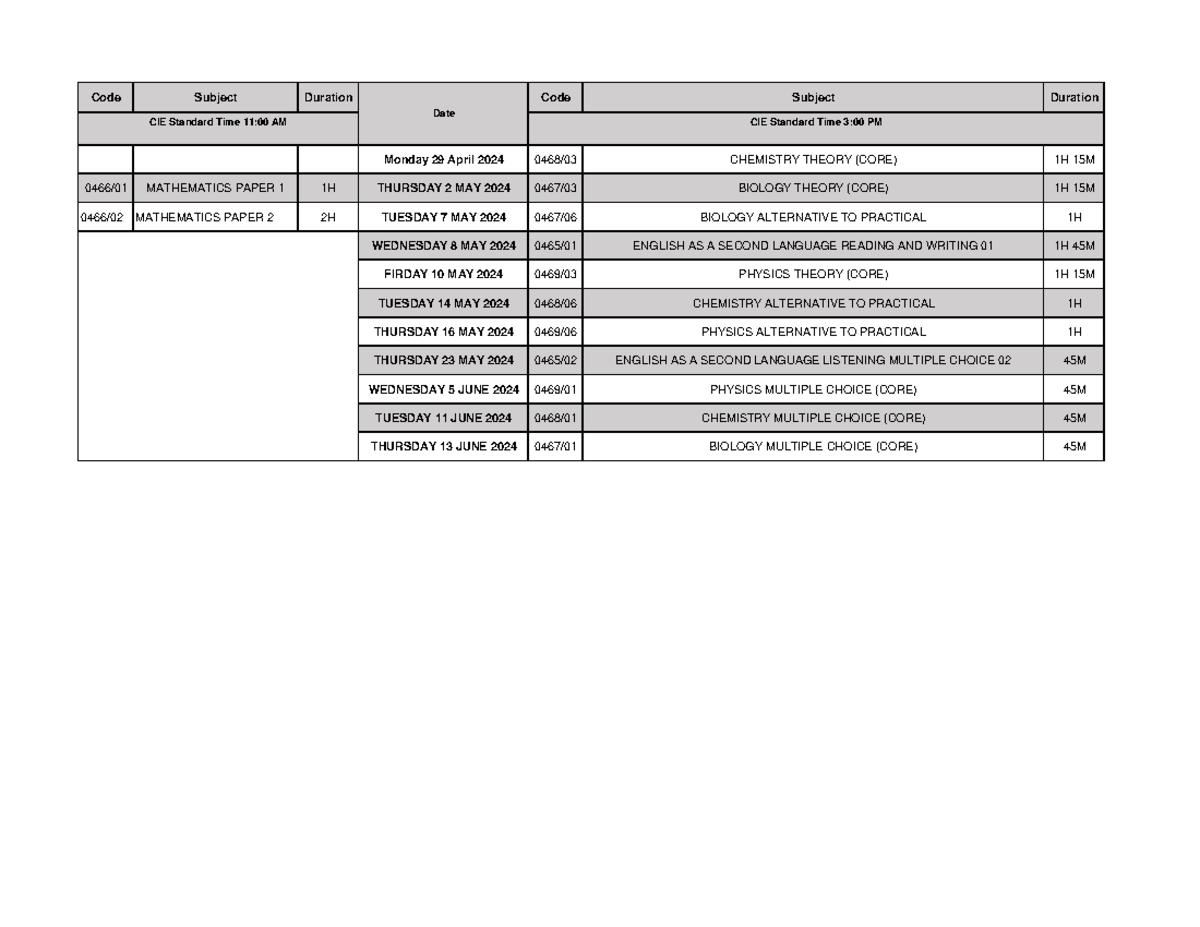 MAY JUNE 2024 Timetable Y9 - Code Subject Duration Code Subject ...