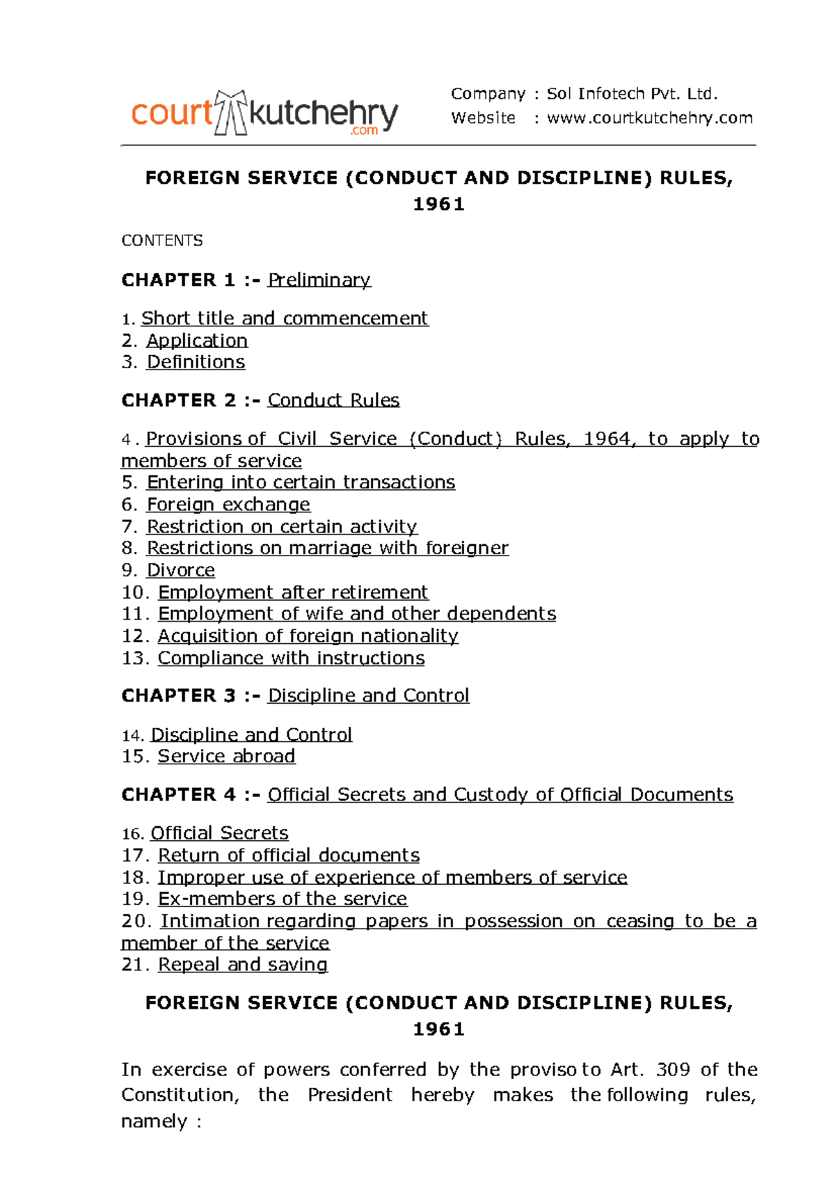 Foreign Service (Conduct And Discipline) Rules, 1961 - Company : Sol ...