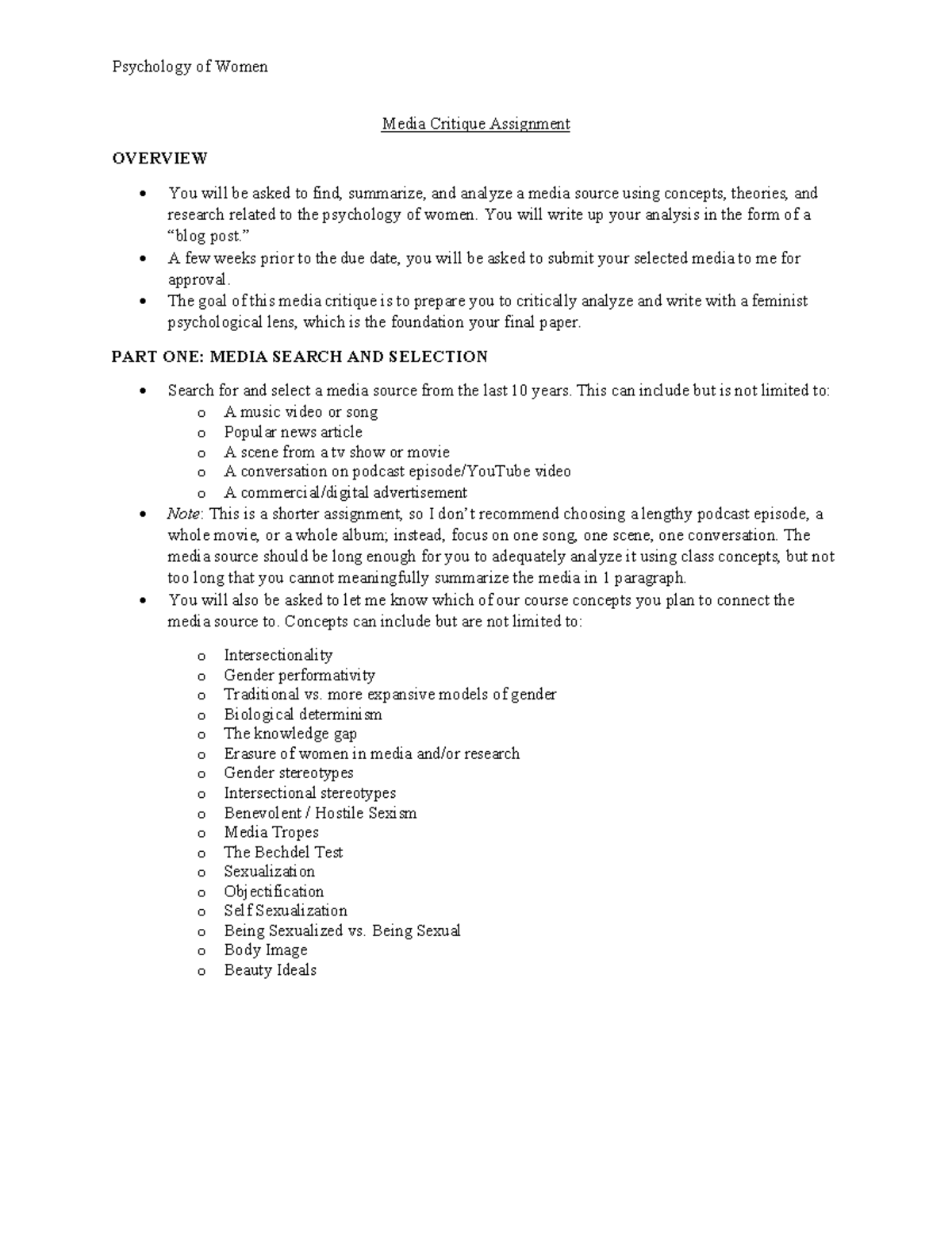 Media Critique Instructions and Rubric - Psychology of Women Media ...