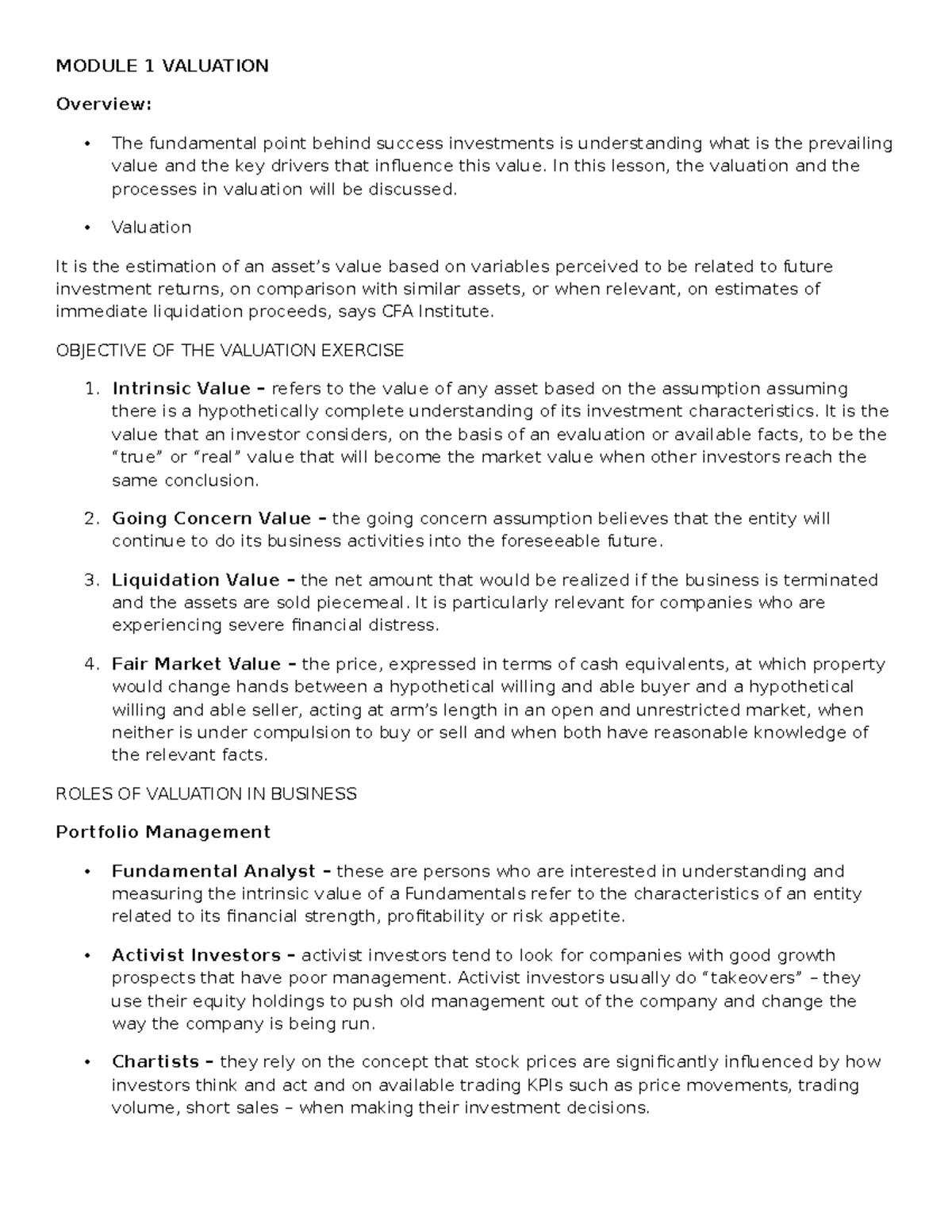 Module-1-Valuation - Lecture notes 1 - MODULE 1 VALUATION Overview: The ...