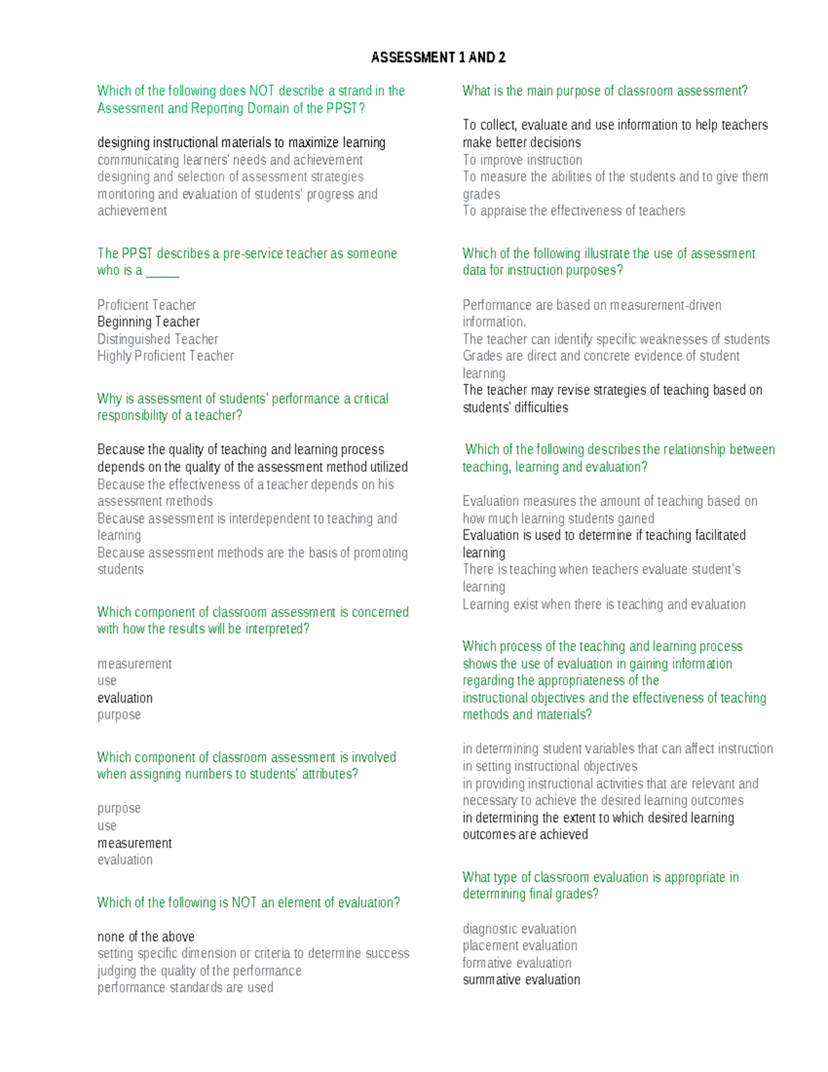 Assessment 1 and 2 - Reviewer - ASSESSMENT 1 AND 2 Which of the ...