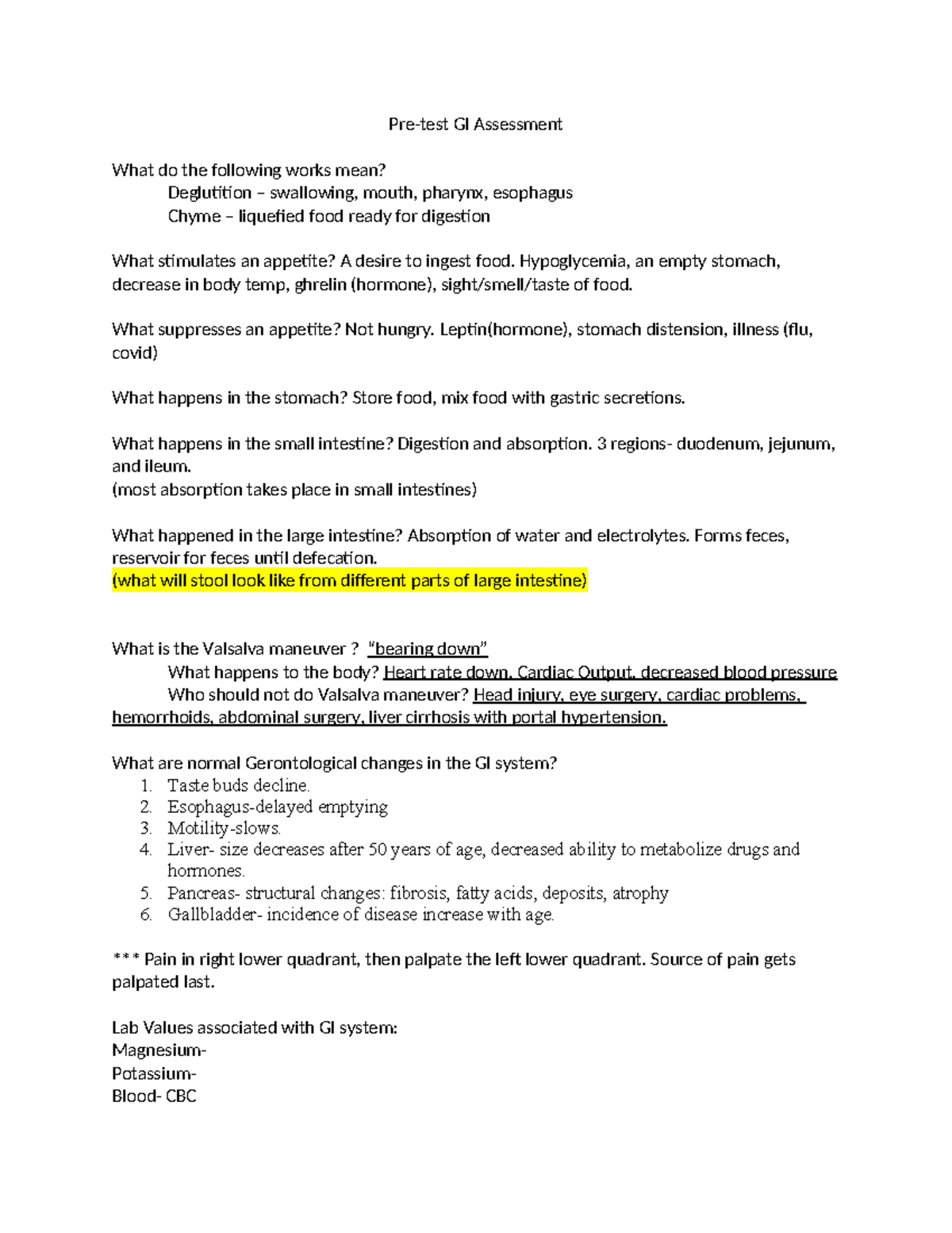 Pretest- GI Assessment - Pre-test GI Assessment What do the following ...