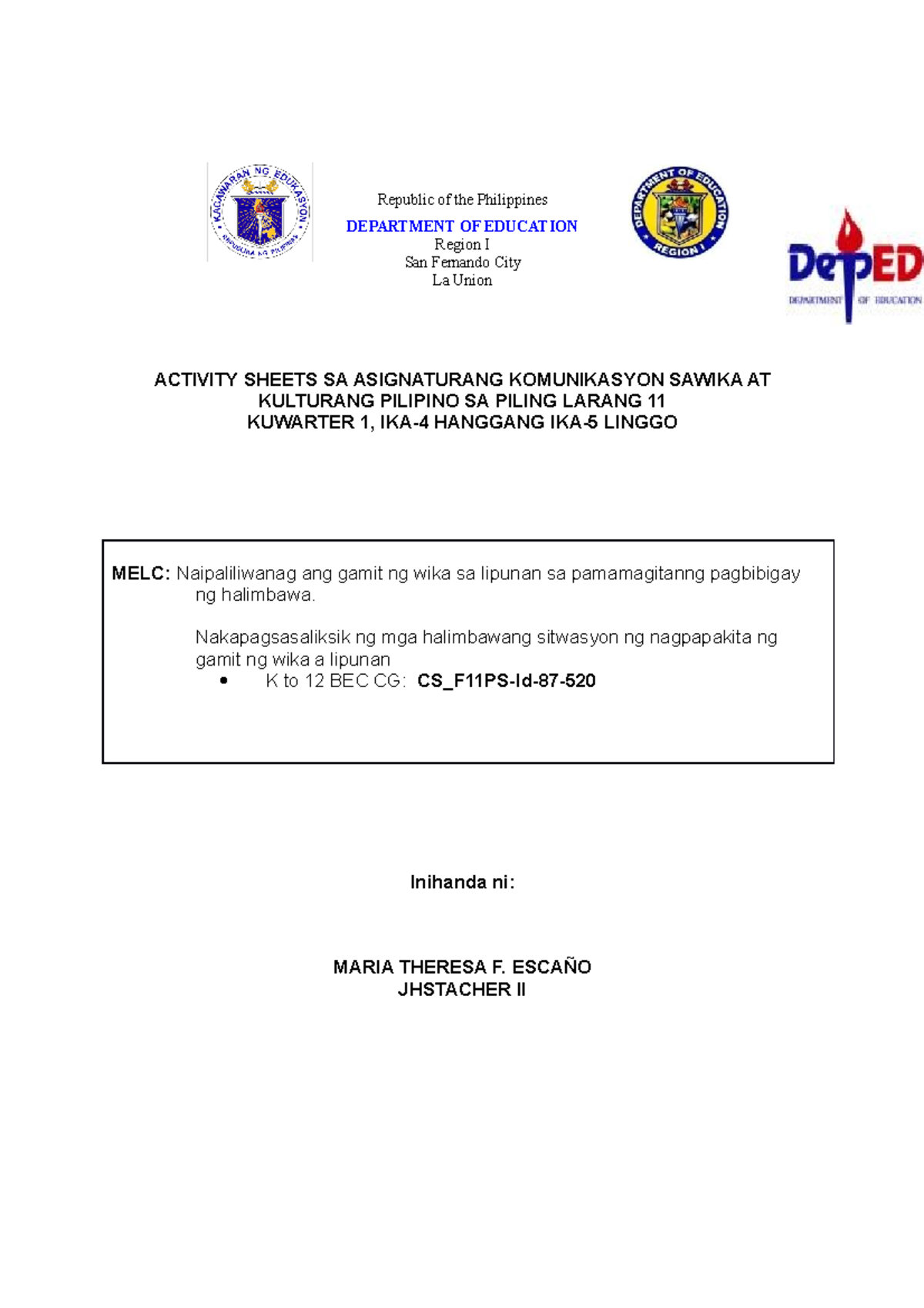 Kohesyong Gramatikal (4-5 linggo) - Republic of the Philippines ...