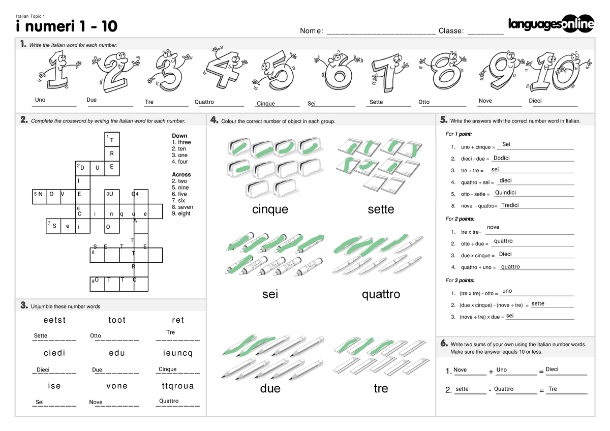 Numbers 1-10 worksheet - 1. Write the Italian word for each number ...