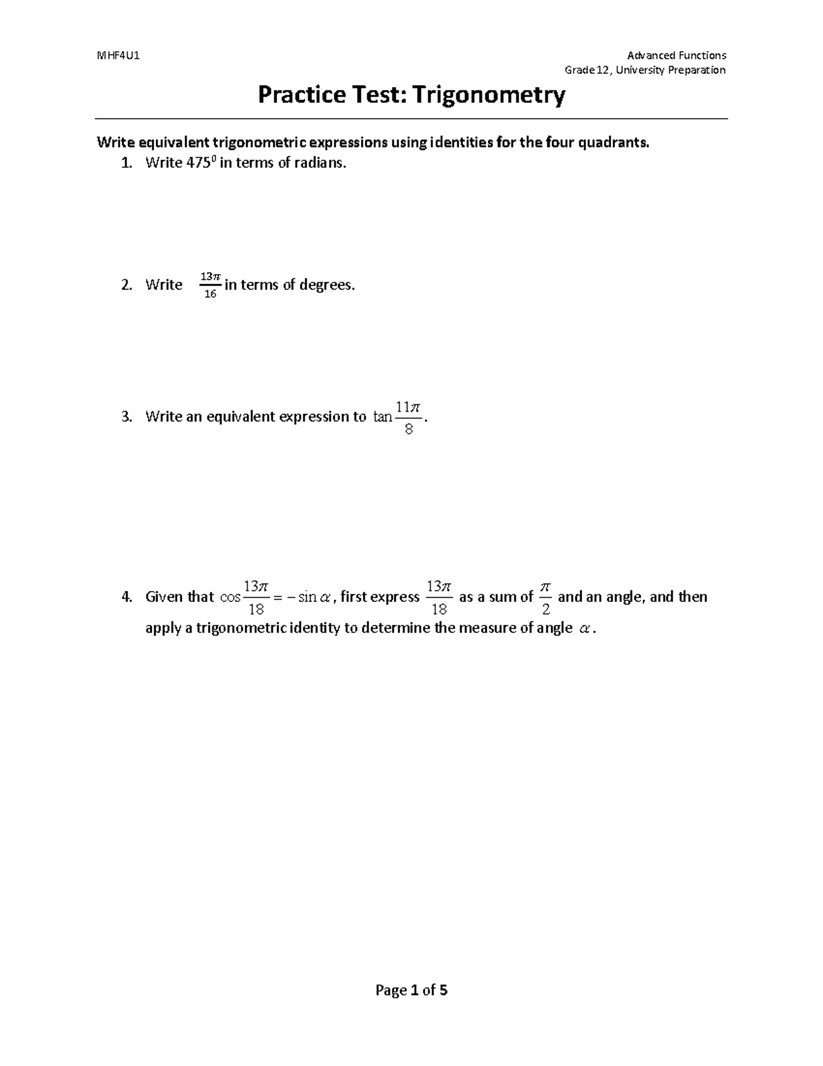 Practice Test - Trigonometry - Grade 12, University Preparation ...