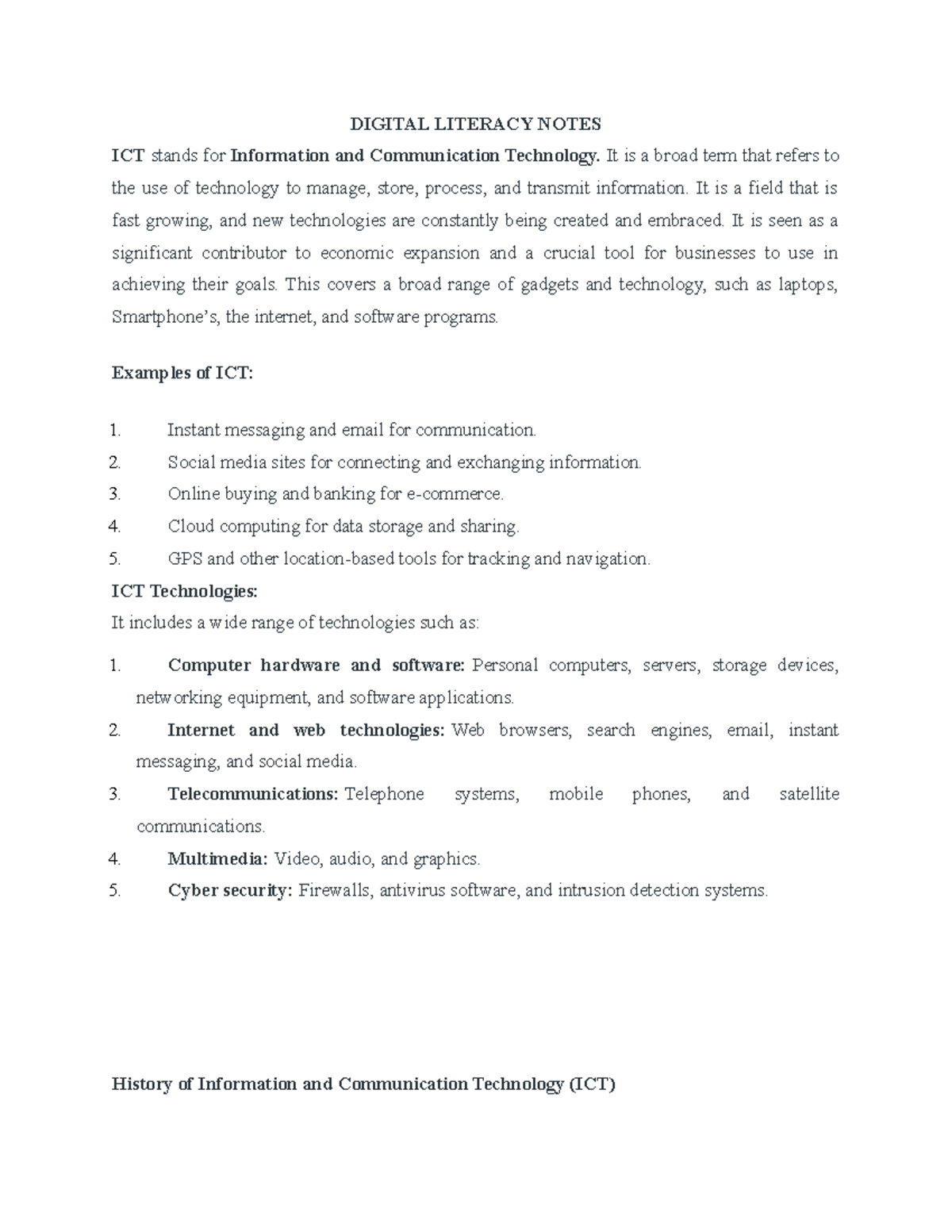 Digital-literacy-notes - DIGITAL LITERACY NOTES ICT stands for ...