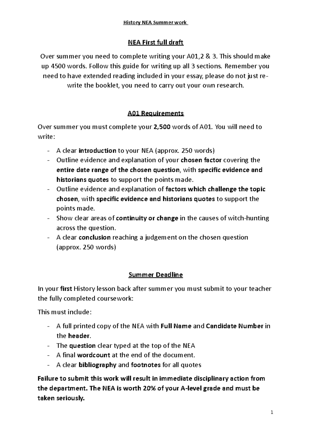 NEA Full draft writing guide - NEA First full draft Over summer you ...