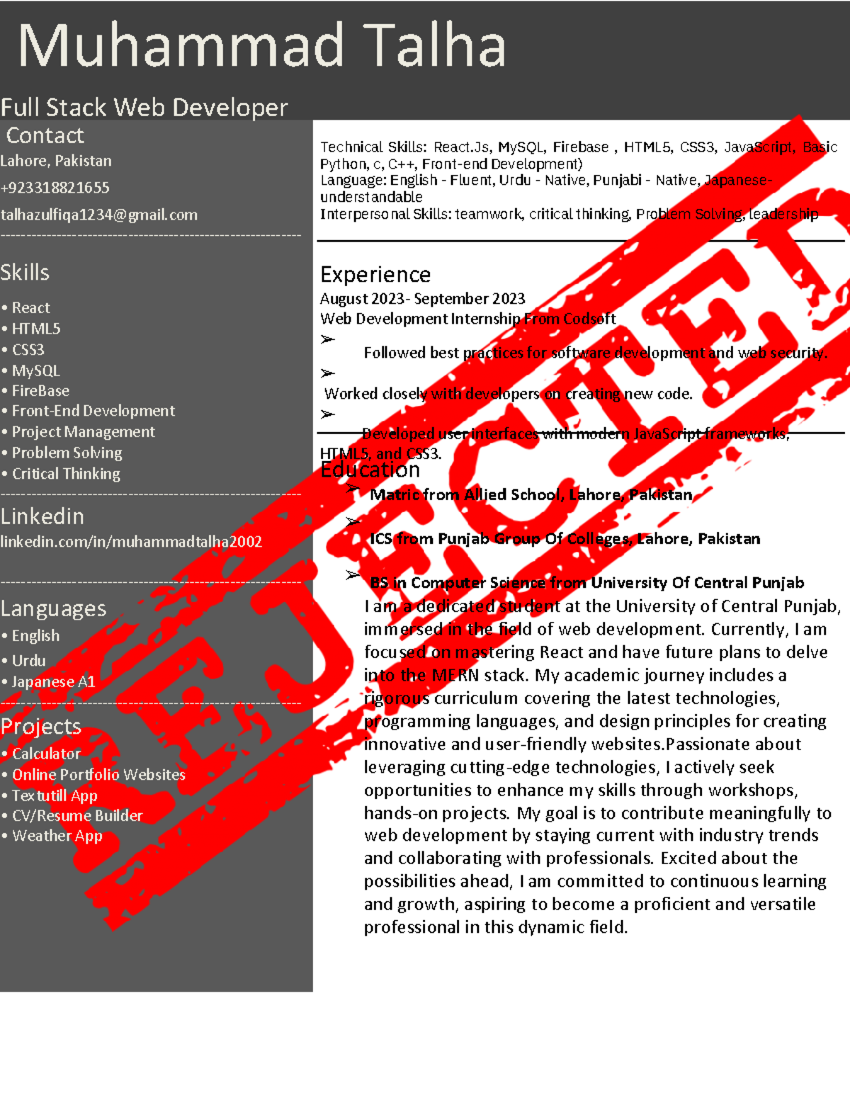 Muhammad Talha CV removed - Contact Education Experience Lahore, Pakistan + talhazulfiqa1234 ...