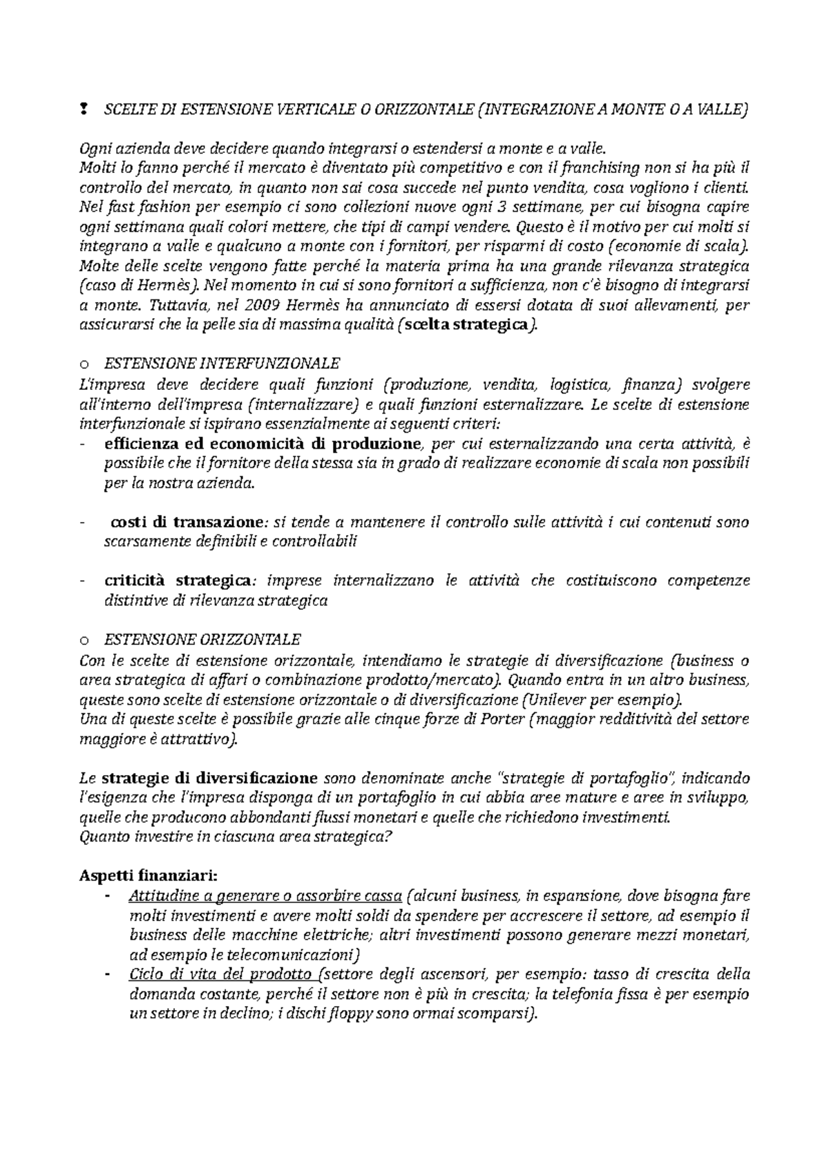 Appunti su estensione verticale e orizzontale (economia aziendale CLMG) - SCELTE DI ESTENSIONE ...