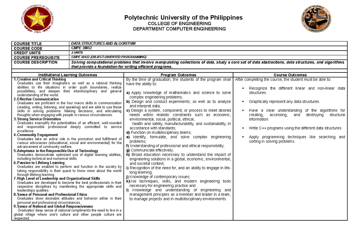DATA STRUCTURES AND ALGORITHM SYLLABUS DOCUMENT POLYTECHNIC UNIVERSITY ...