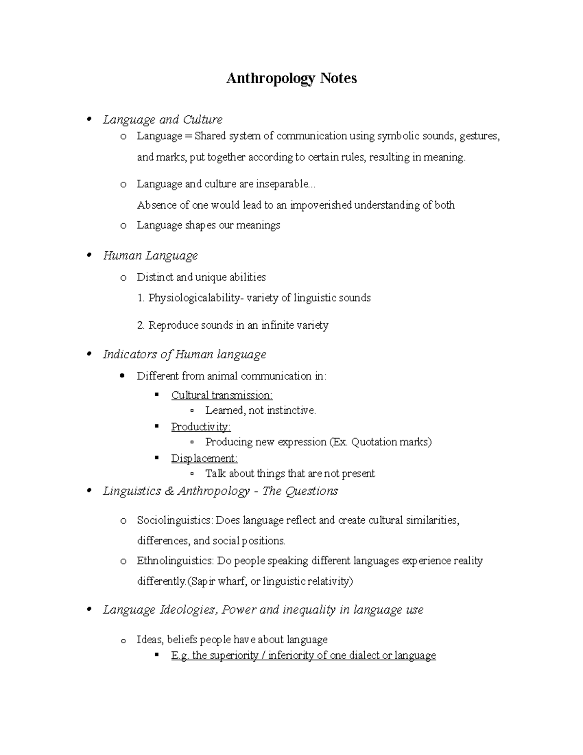 Anthropology Notes 4 - Anthropology Notes Language and Culture o ...