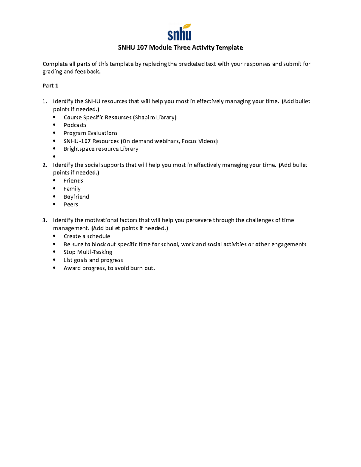 SNHU 107 Module Three Activity - Part 1 Identify the SNHU resources ...