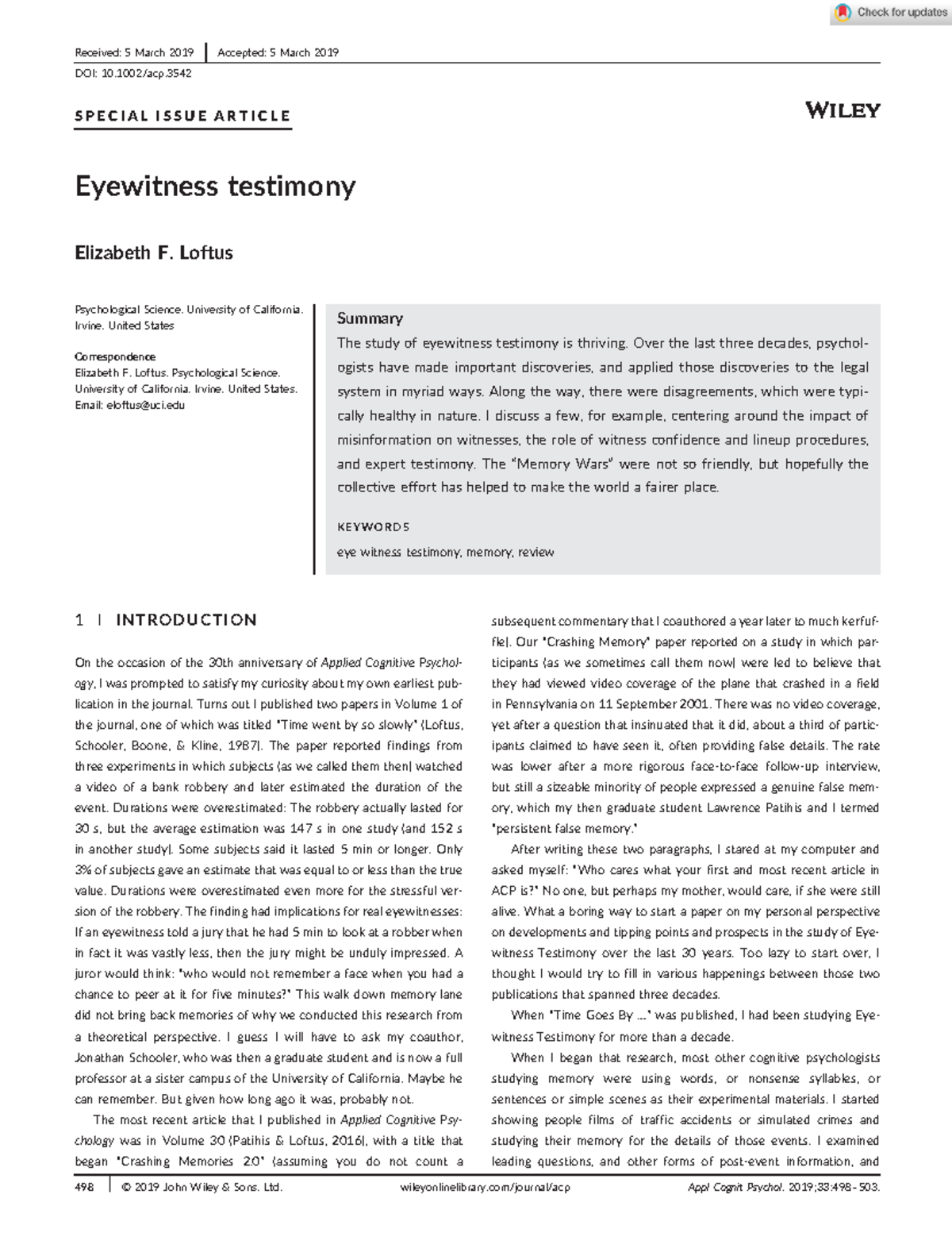 2019 - Loftus - Eyewitness testimony - S P E C I A L I S S U E A R T I ...