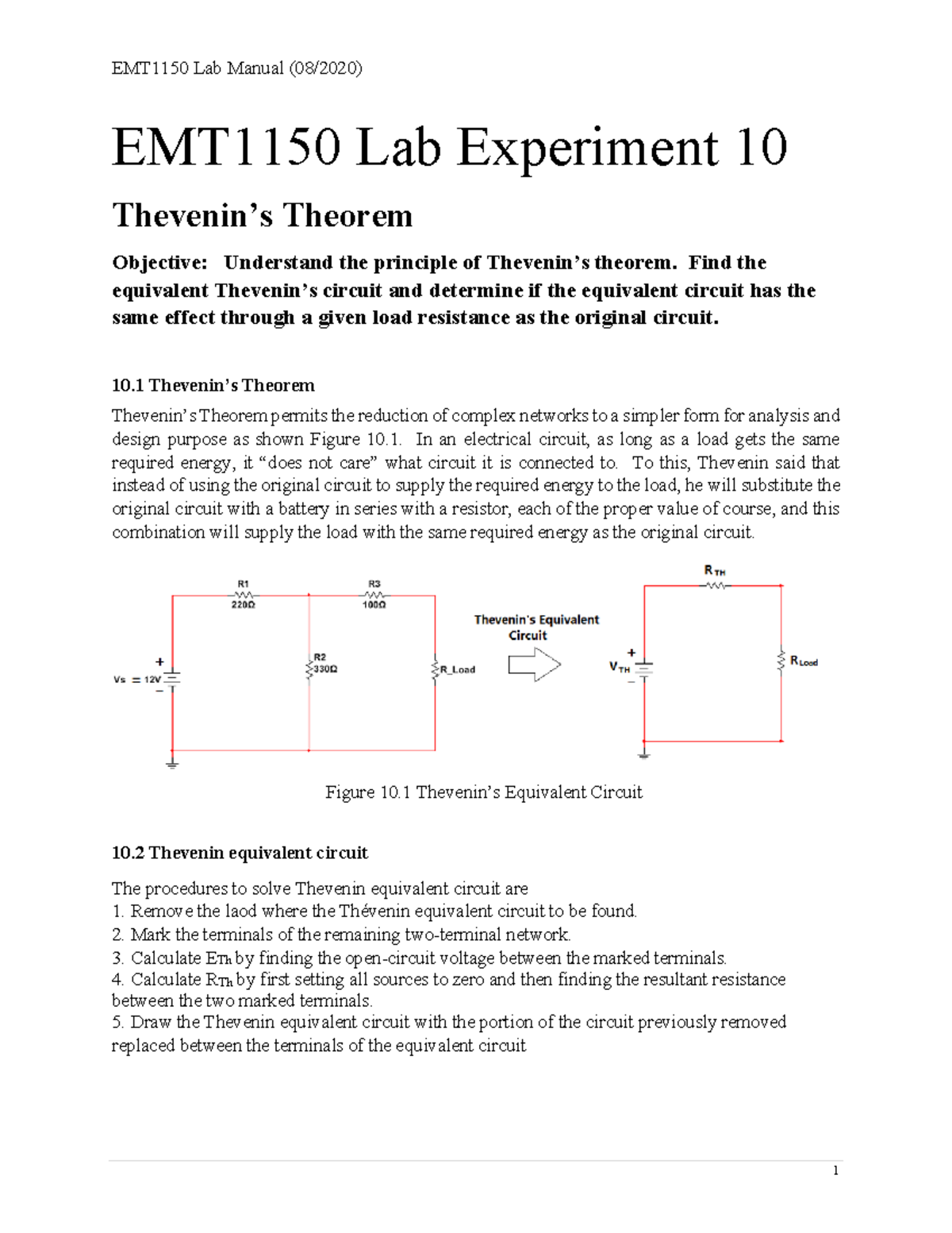 EMT1150 Lab10 - LAB TABLES - EMT1150 Lab Experiment 10 Thevenin’s Theorem Objective: Understand ...