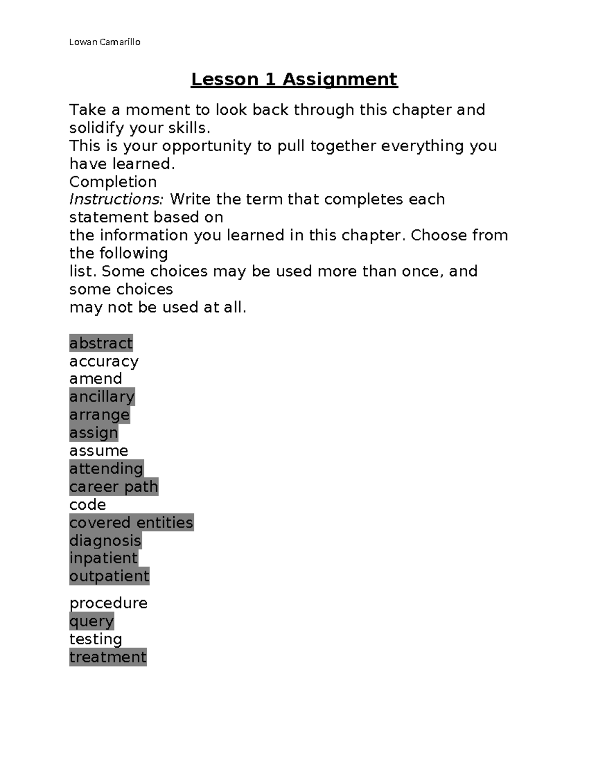 Lesson 1 Assignment for billing and coding link - Lesson 1 Assignment Take a moment to look back ...