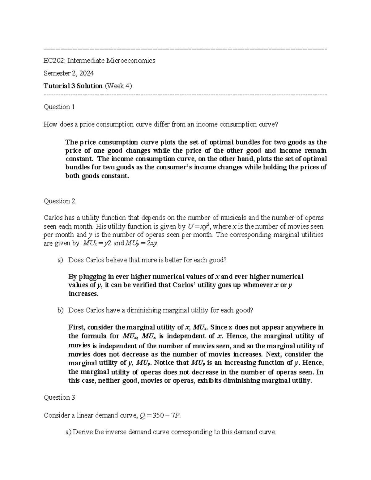 Tutorials 3 Solutions - Based on Chapter 5 - Theory of demand - EC202 ...