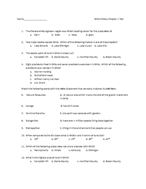 Ohio History - Geography Test - Big Map and NW Ohio - Blank - Name ...