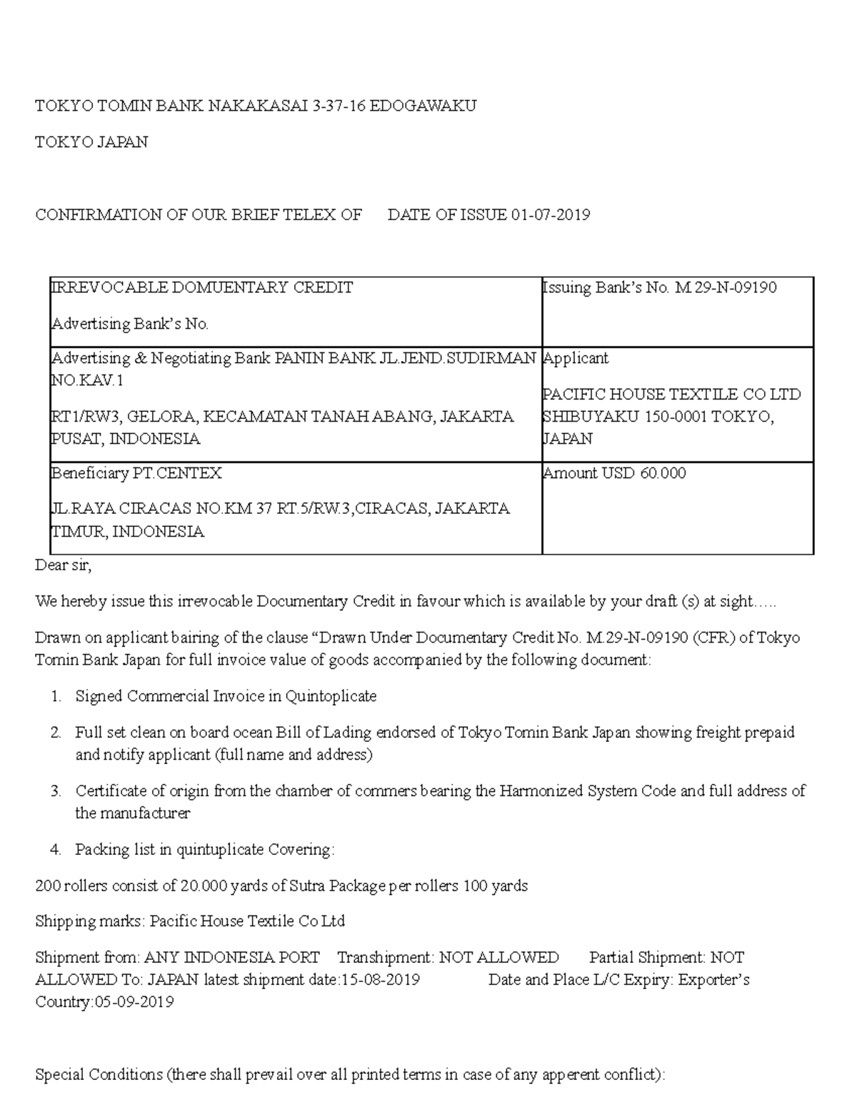 Invoice Export - TOKYO TOMIN BANK NAKAKASAI 3-37-16 EDOGAWAKU TOKYO ...