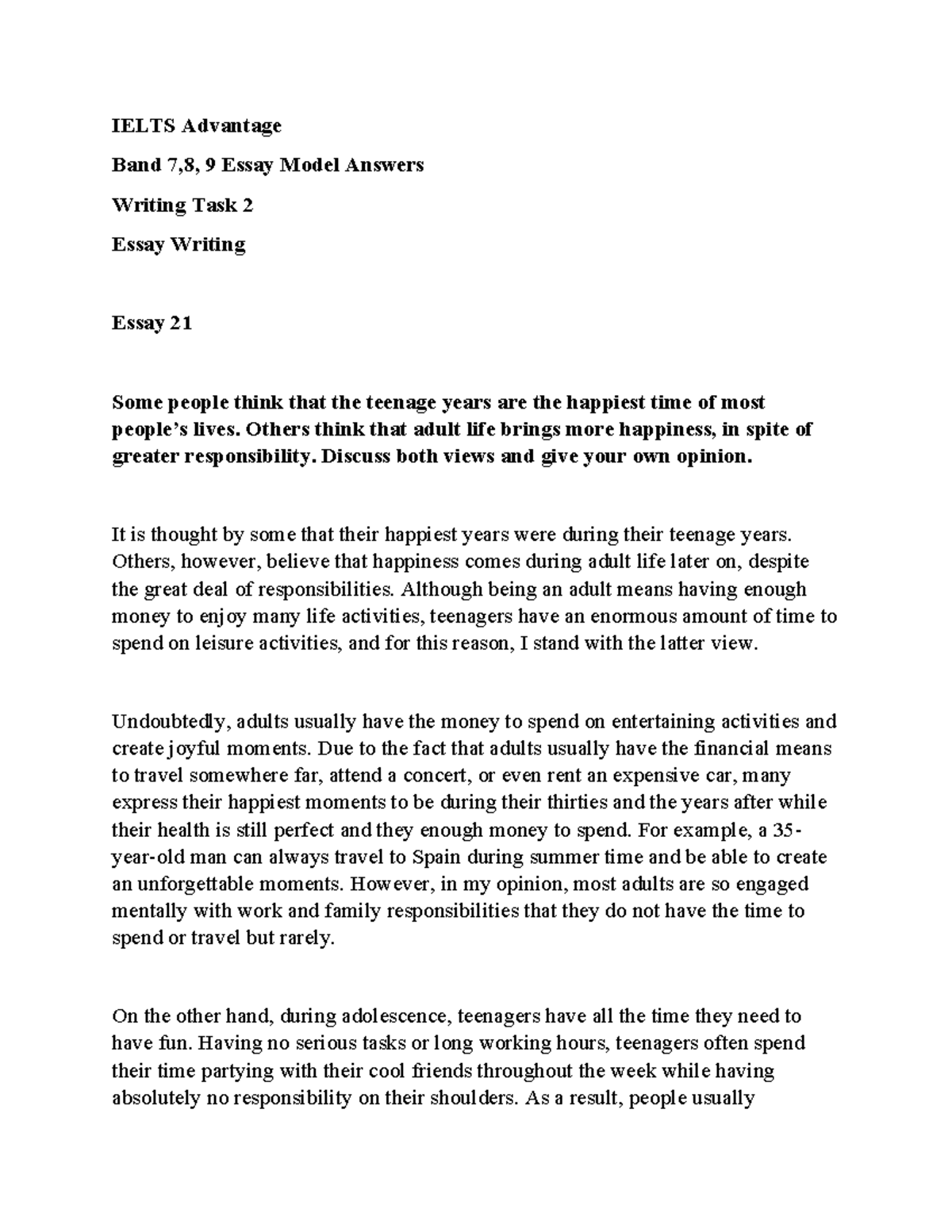 Essay IELTS Preparation - IELTS Advantage Band 7,8, 9 Essay Model ...