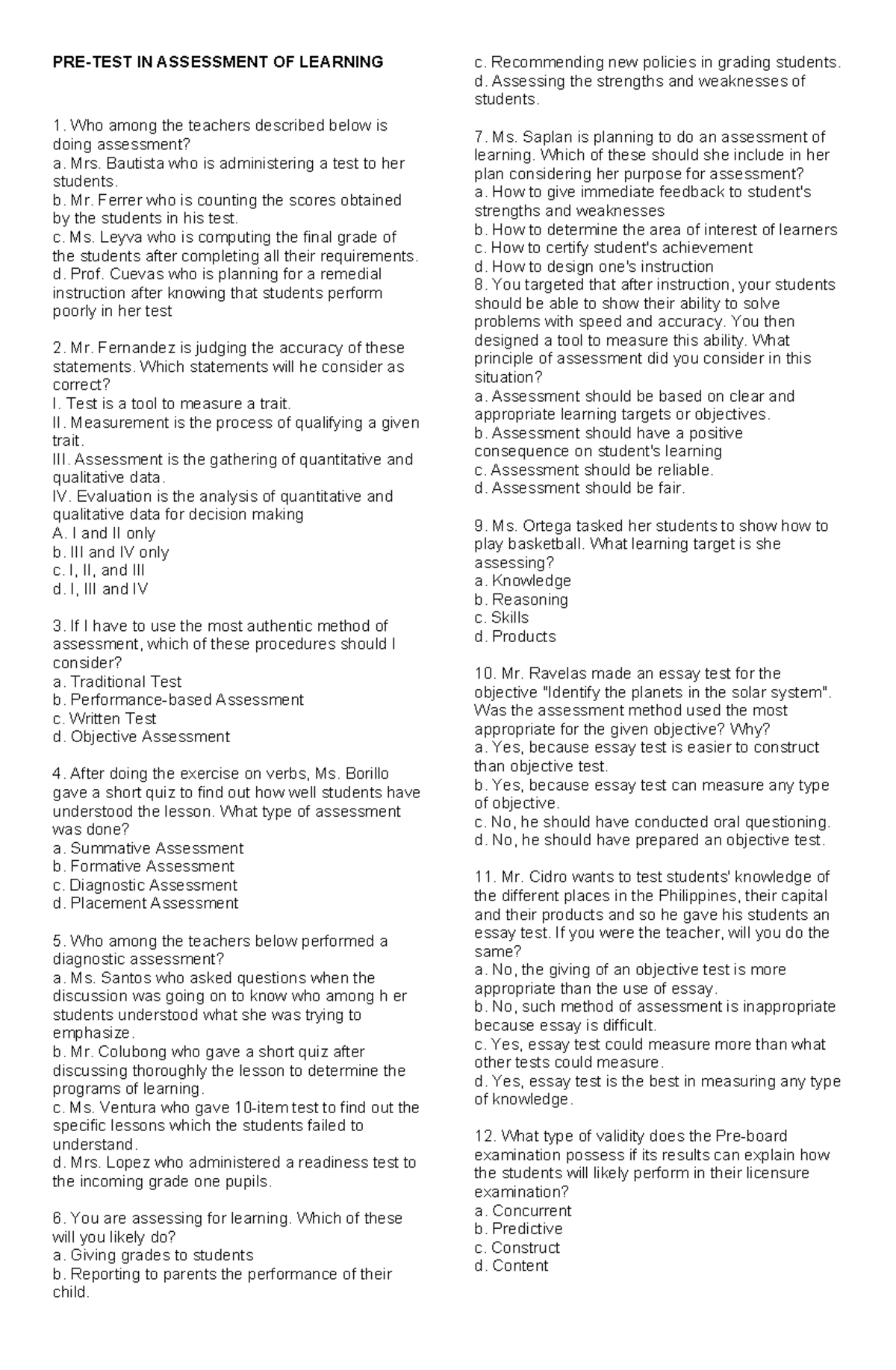 Pretests IN Assessment copy - PRE-TEST IN ASSESSMENT OF LEARNING Who ...