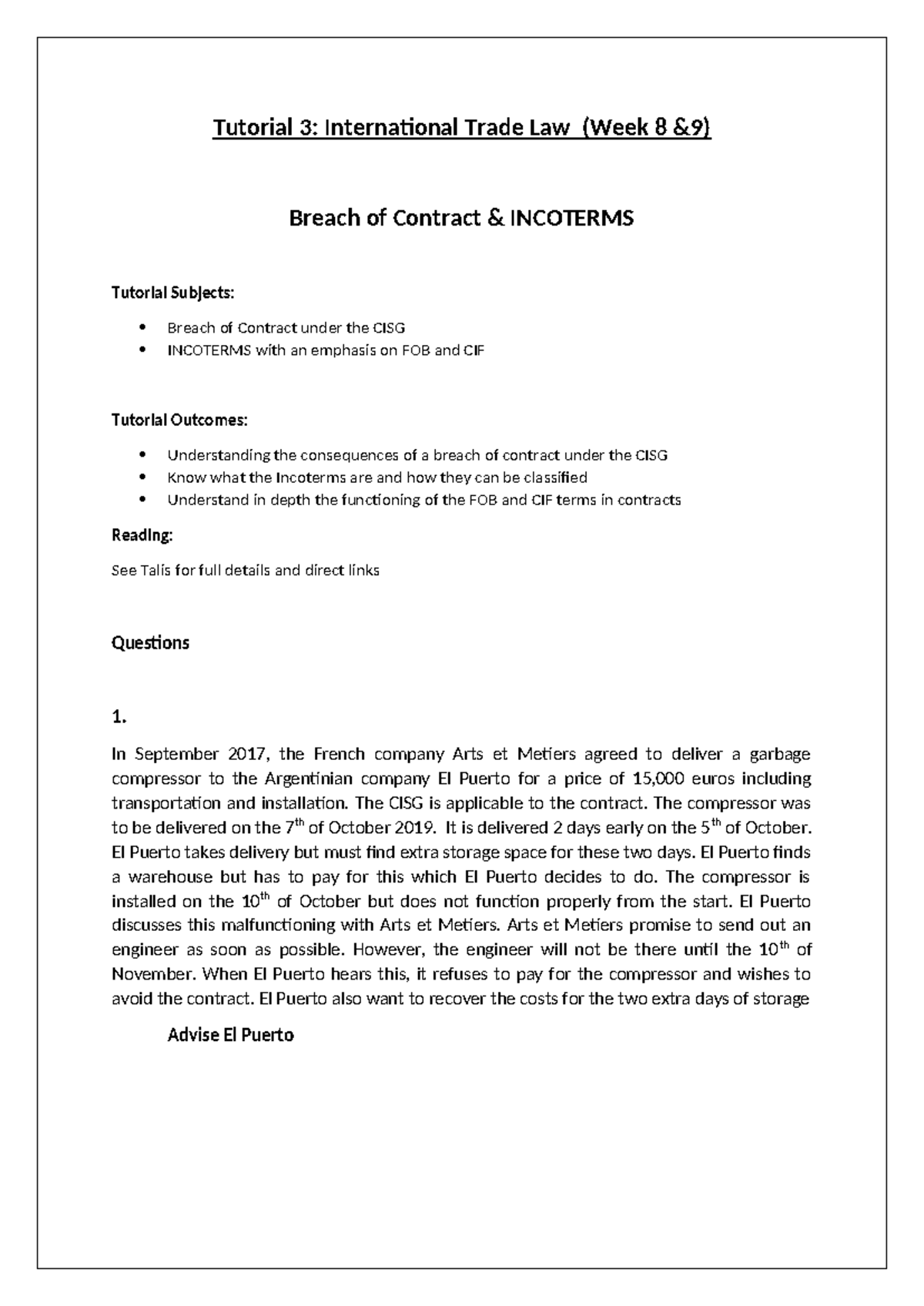 Tutorial 3 International Trade Law (Week 89) - Tutorial 3 ...