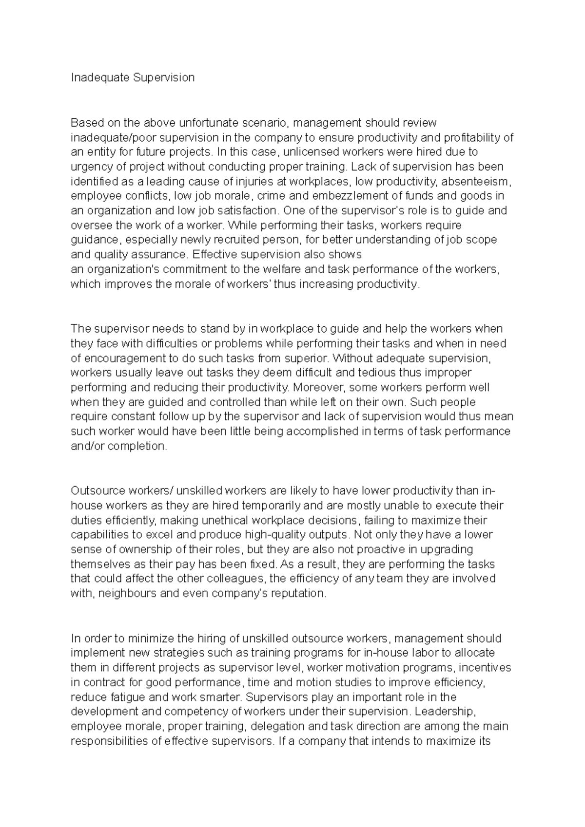 Inadequate Supervision - BUIL1290 - RMIT University - Studocu