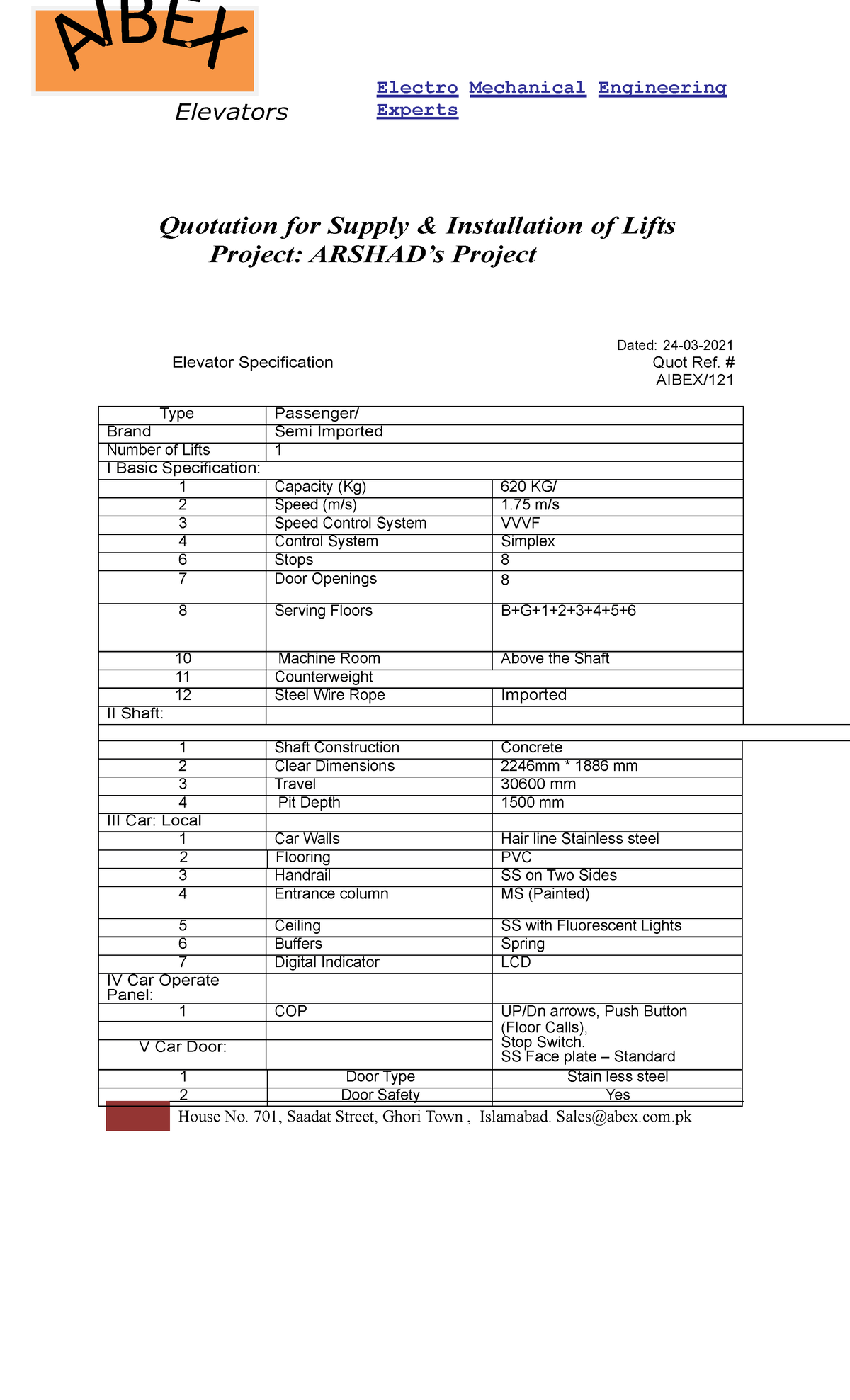 Qoutation For Elevator - Electro Mechanical Engineering Elevators ...