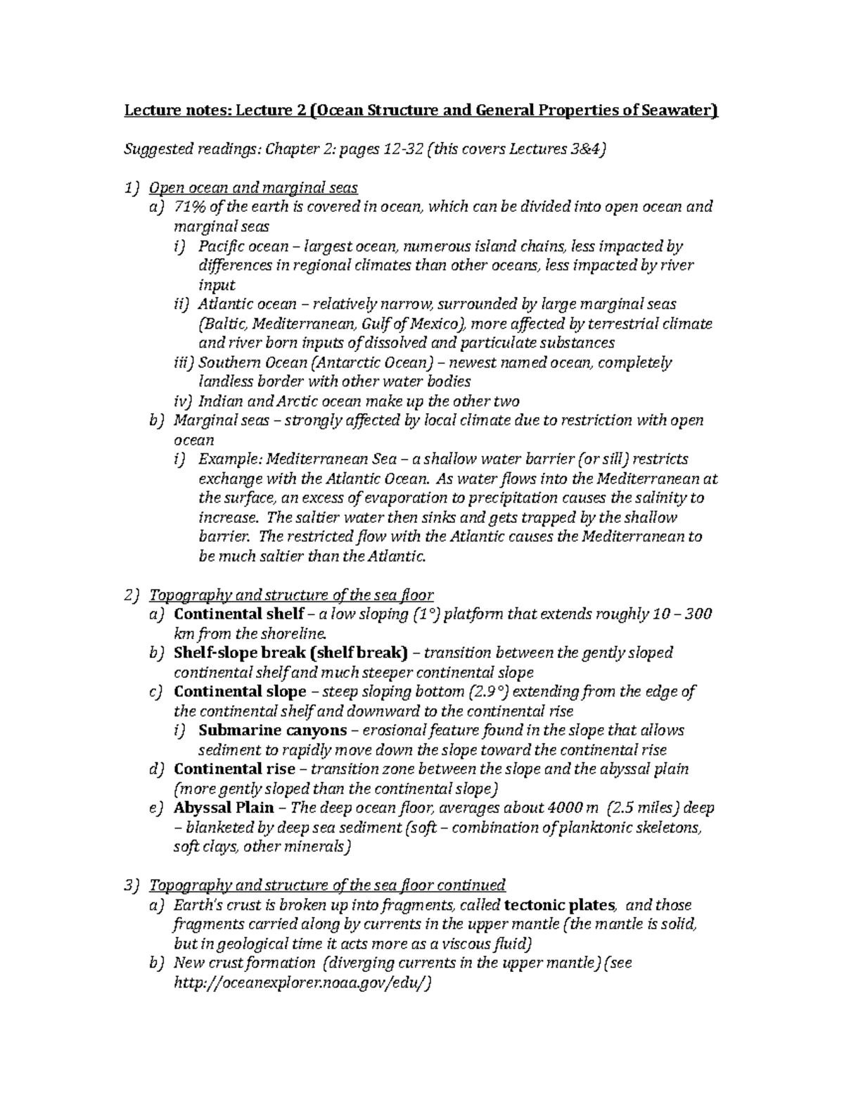 Lecture notes 2 - Lecture notes: Lecture 2 (Ocean Structure and General ...