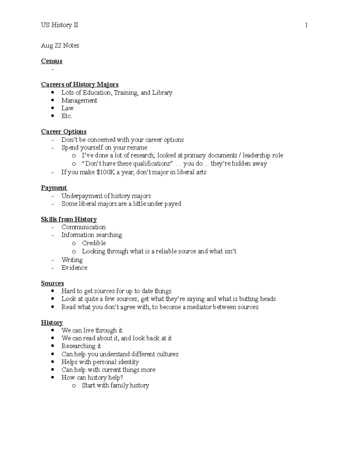 US Hist - Aug 22 Notes - US History II Aug 22 Notes Census - Careers of ...