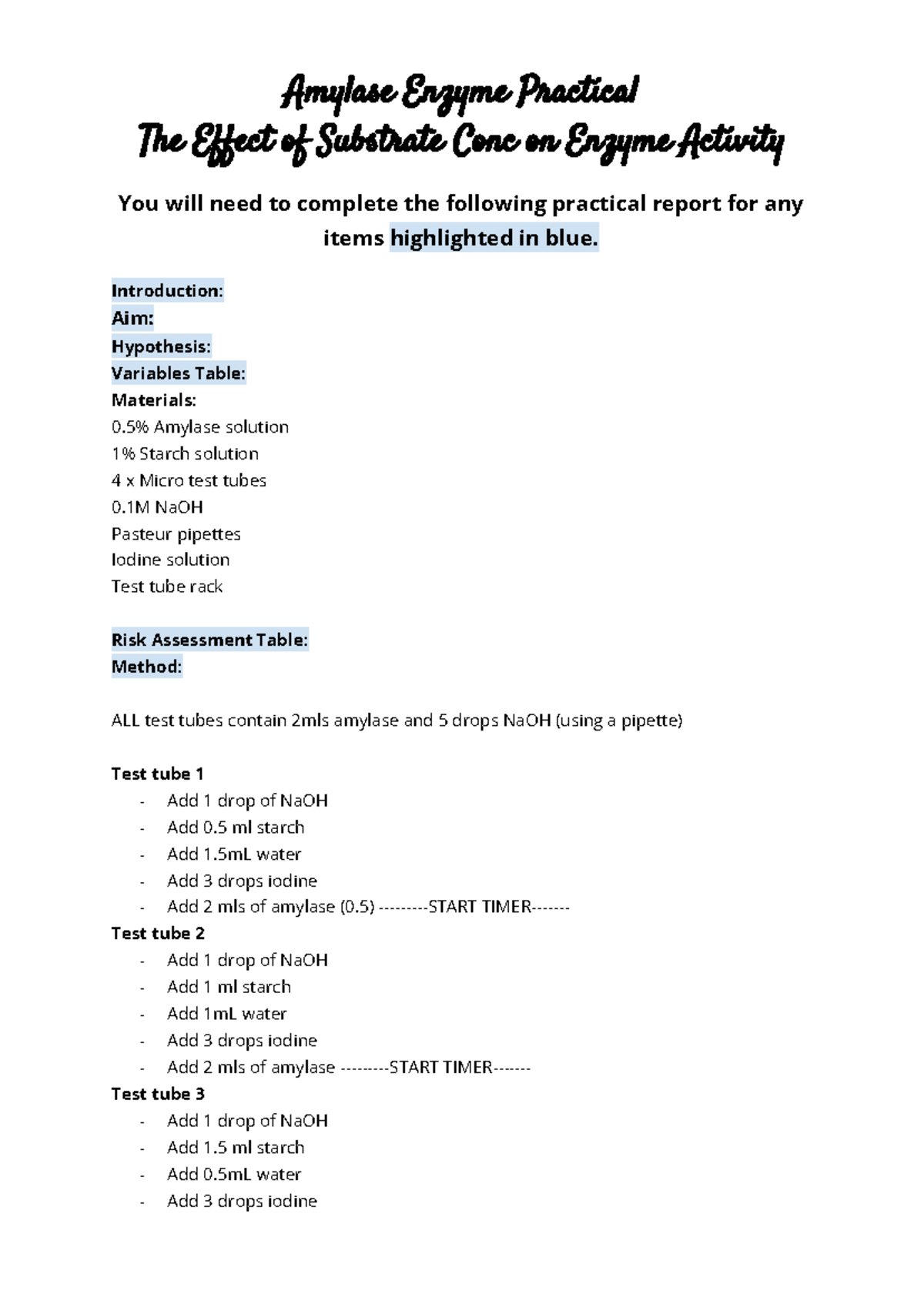 Amylase Enzyme Practical - Introduction: Aim: Hypothesis: Variables ...