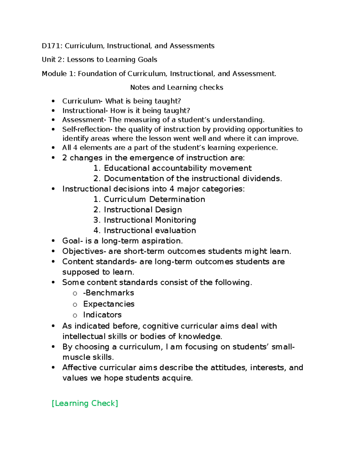 Notes - D171: Curriculum, Instructional, and Assessments Unit 2 ...