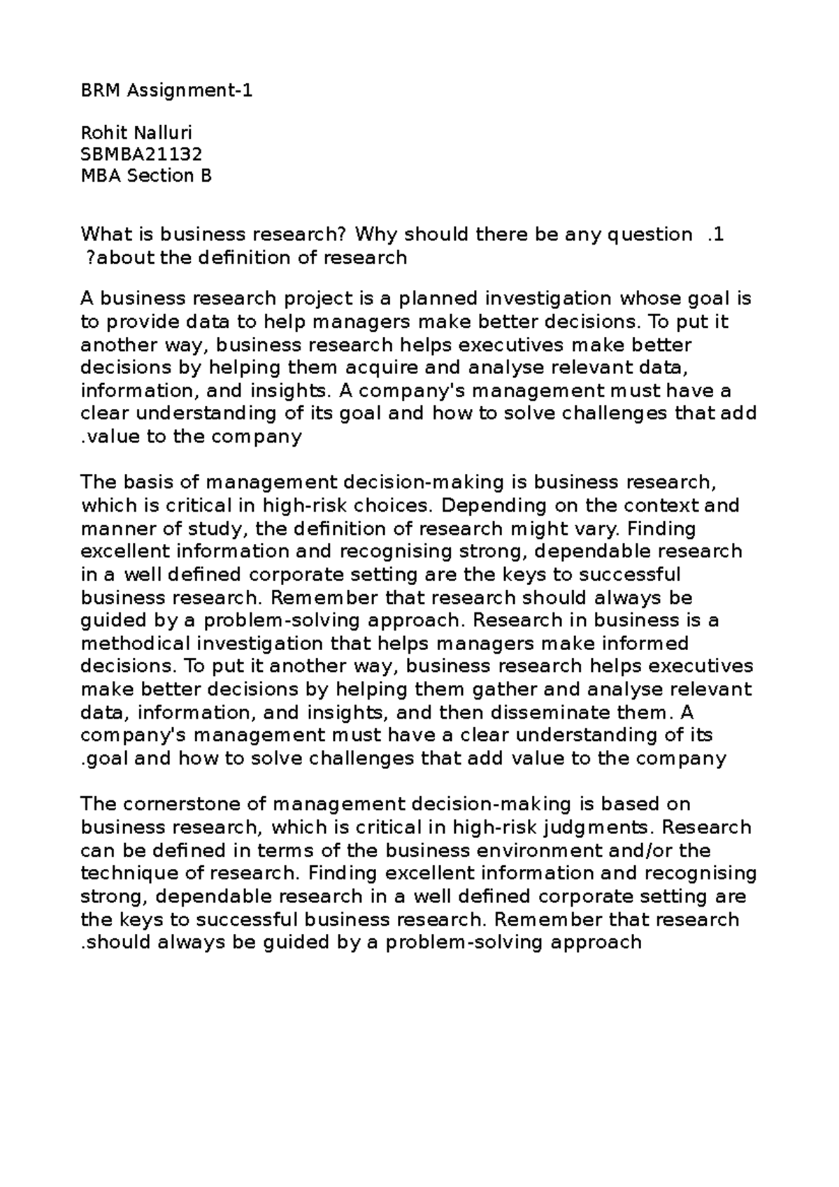 BRM Assignment for the - master of business administration - JNTU - Studocu