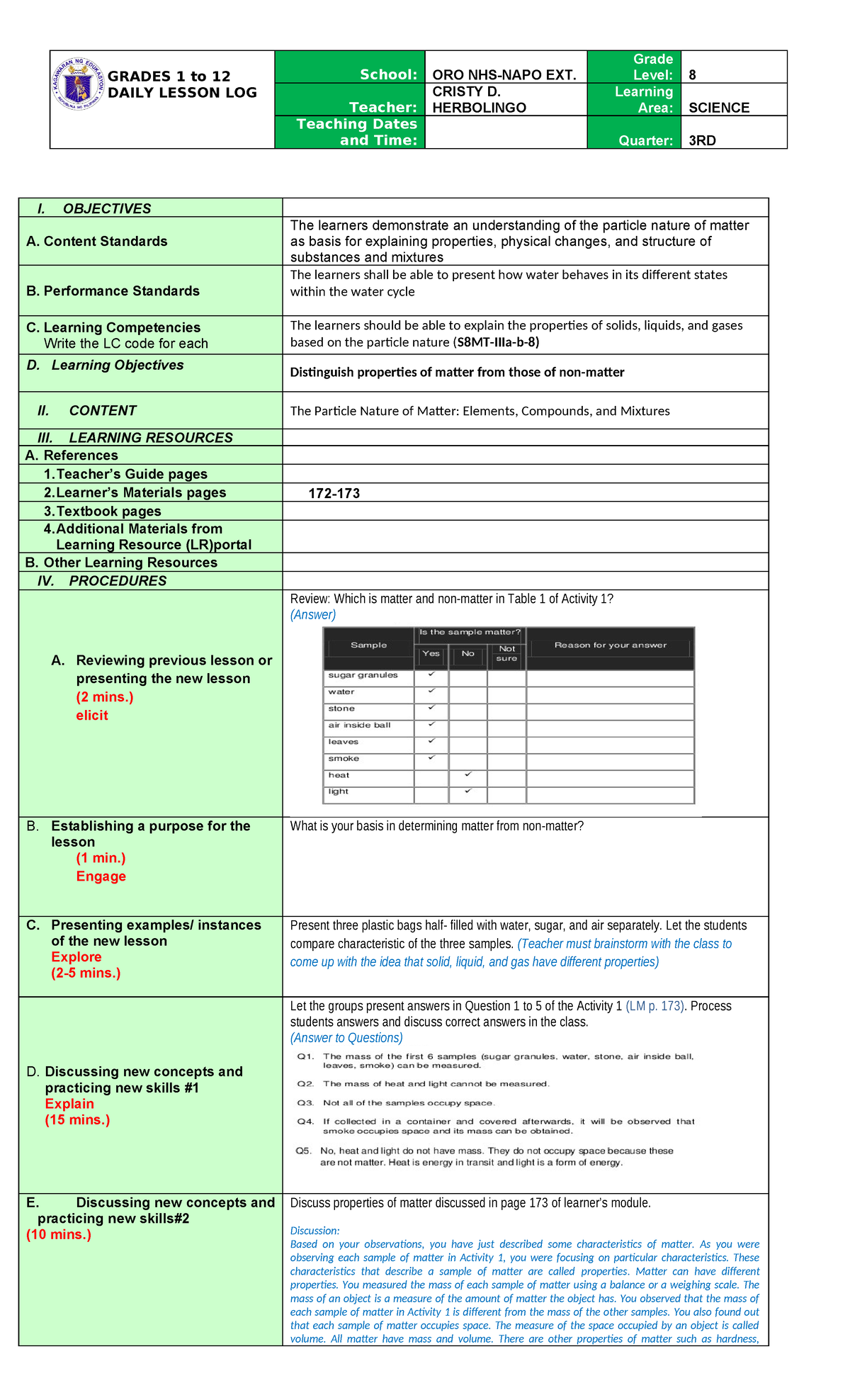 Science-8-DDL2 - read - GRADES 1 to 12 DAILY LESSON LOG School: ORO NHS ...