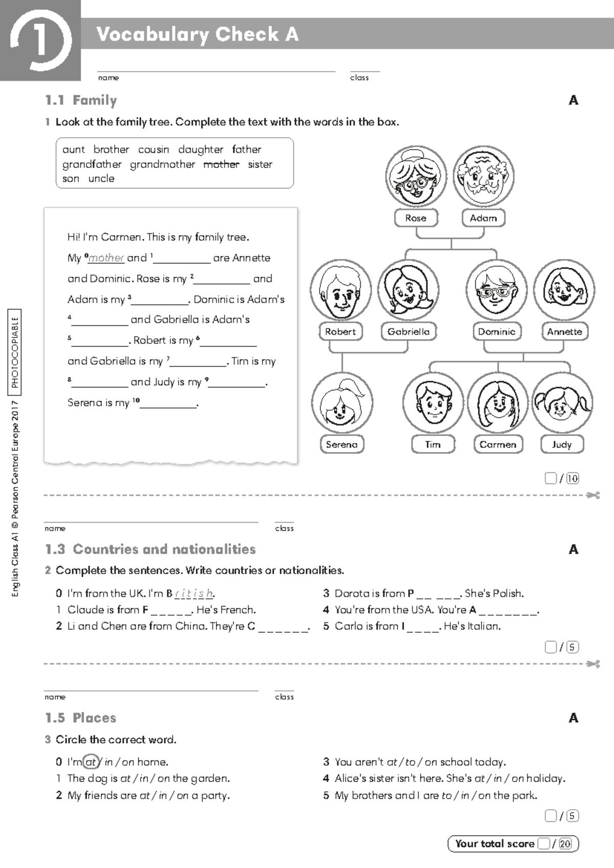 01. ECA1 Tests Vocabulary check 1A - Vocabulary Check A 1 English Class ...