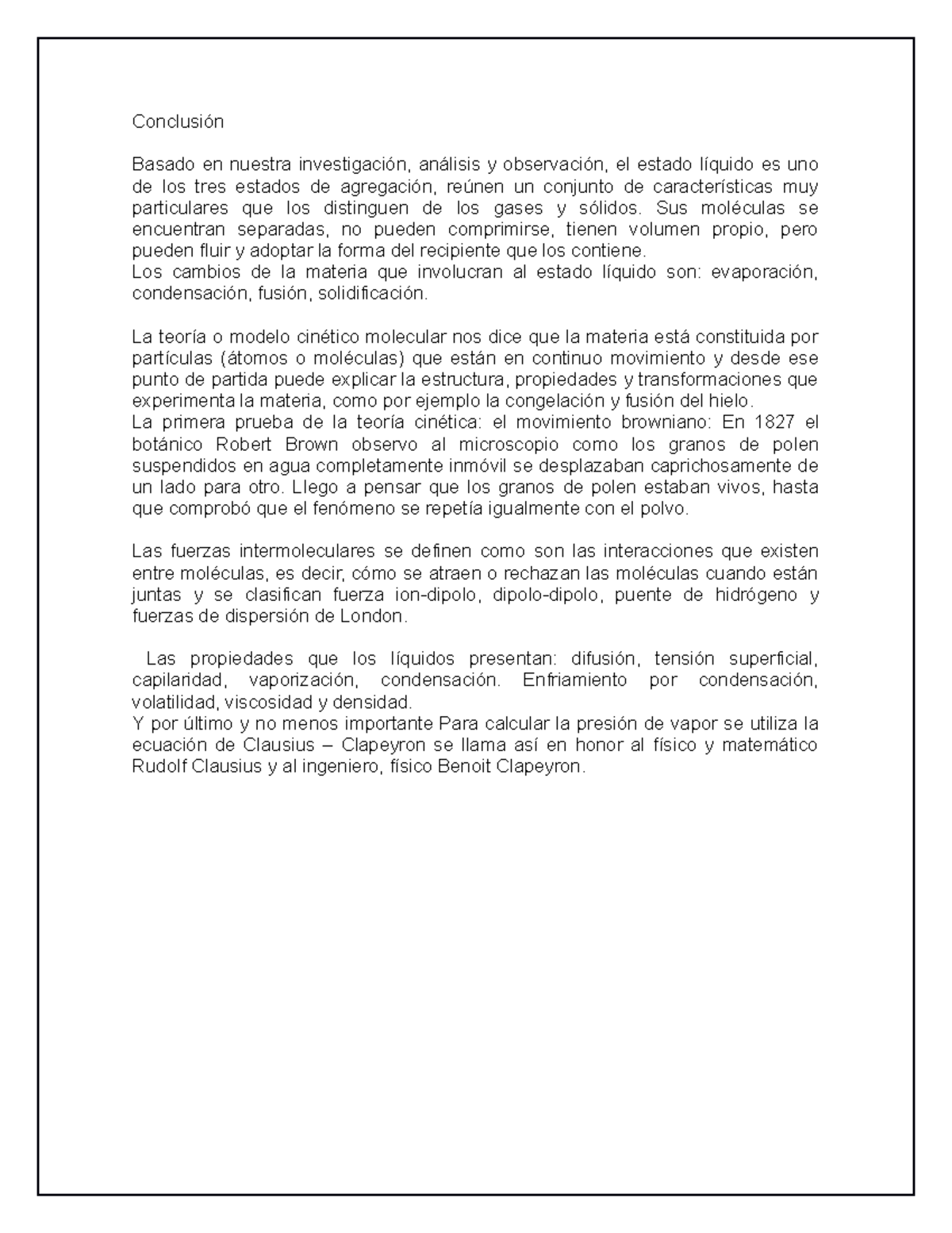 Conclusión - Tema los liquidos - Conclusión Basado en nuestra ...