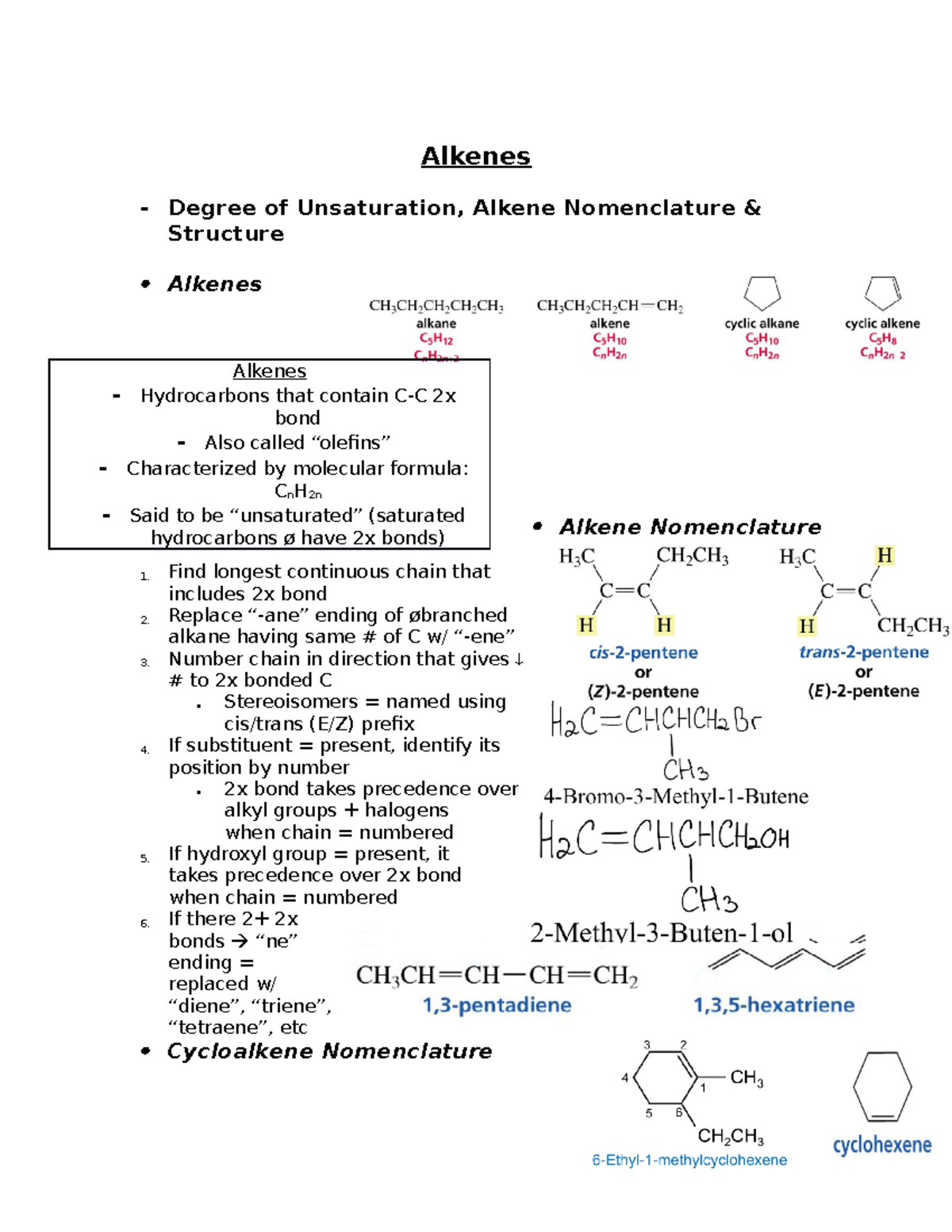 Chapter 5 - Alkenes Notes - Alkenes - Degree of Unsaturation, Alkene ...