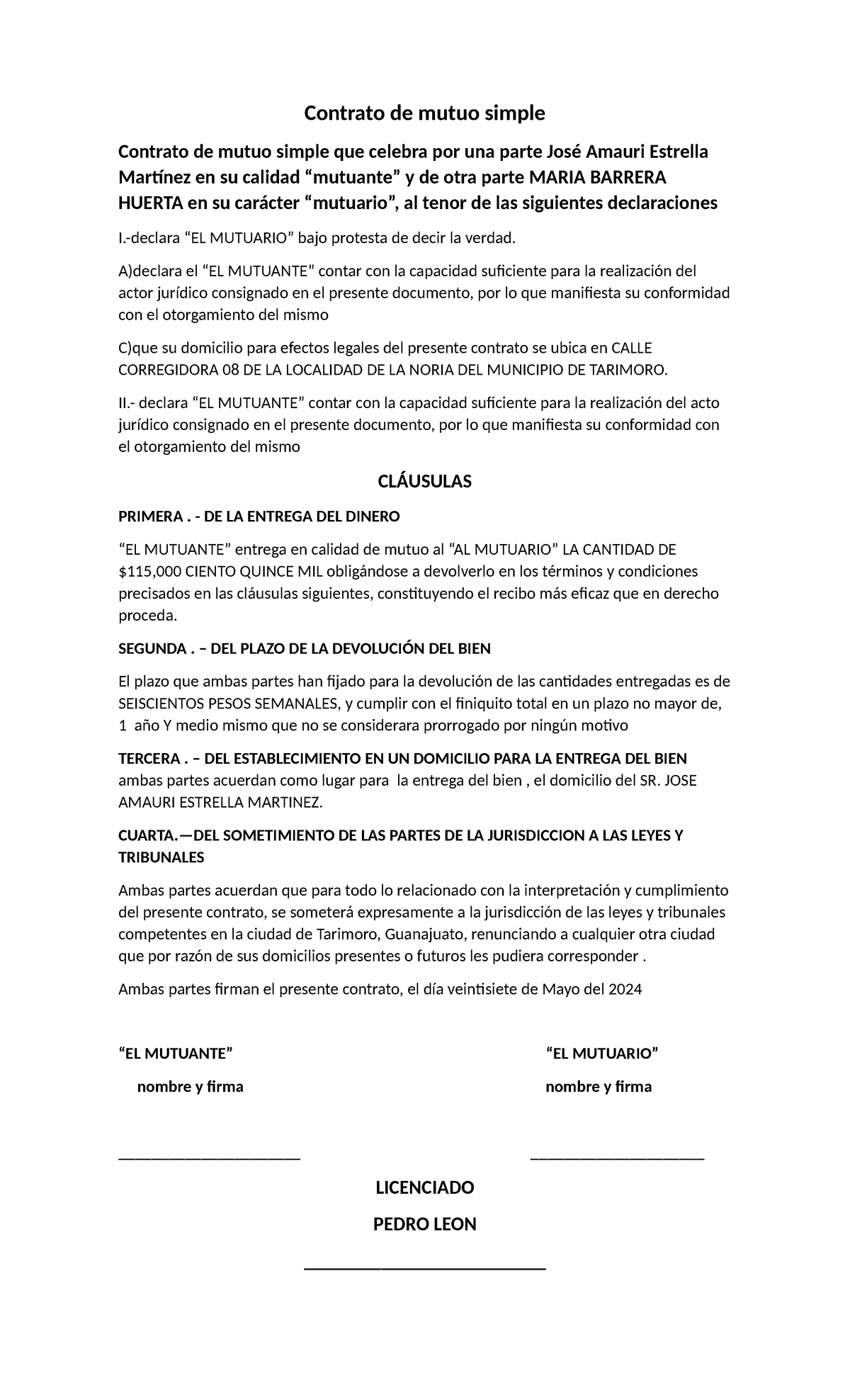 Contrato de mutuo simple no borrar - Contrato de mutuo simple Contrato ...