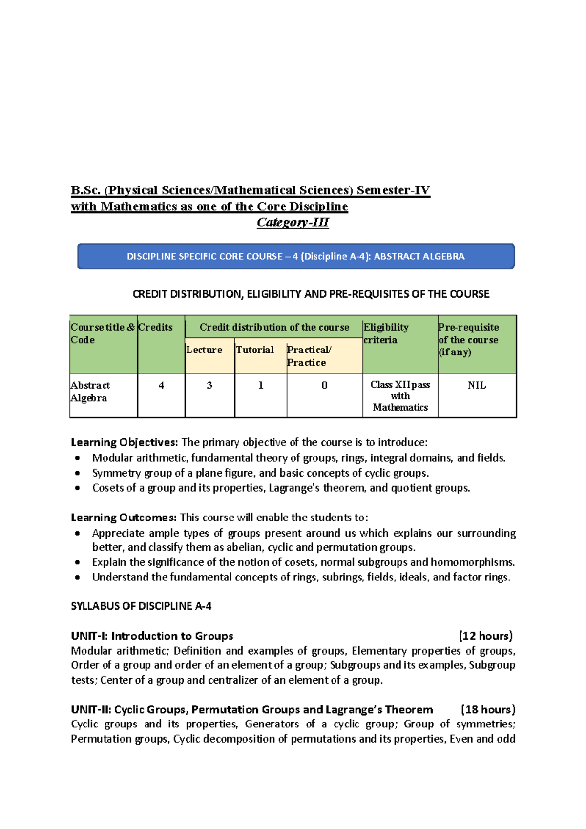 Abstract Algebra Syllabus (Sem-4) - Suggestive Reading • Beachy, John A ...