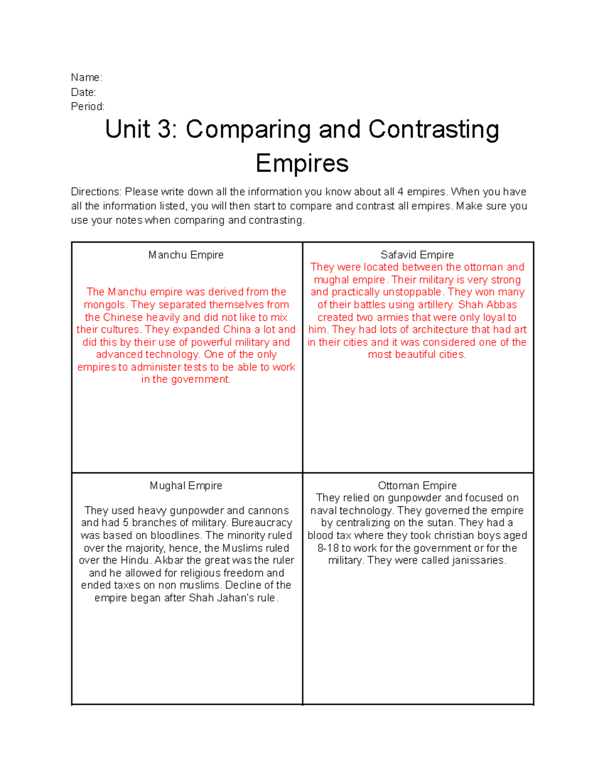 Unit 3 Compare and Contrast - Name: Date: Period: Unit 3: Comparing and ...