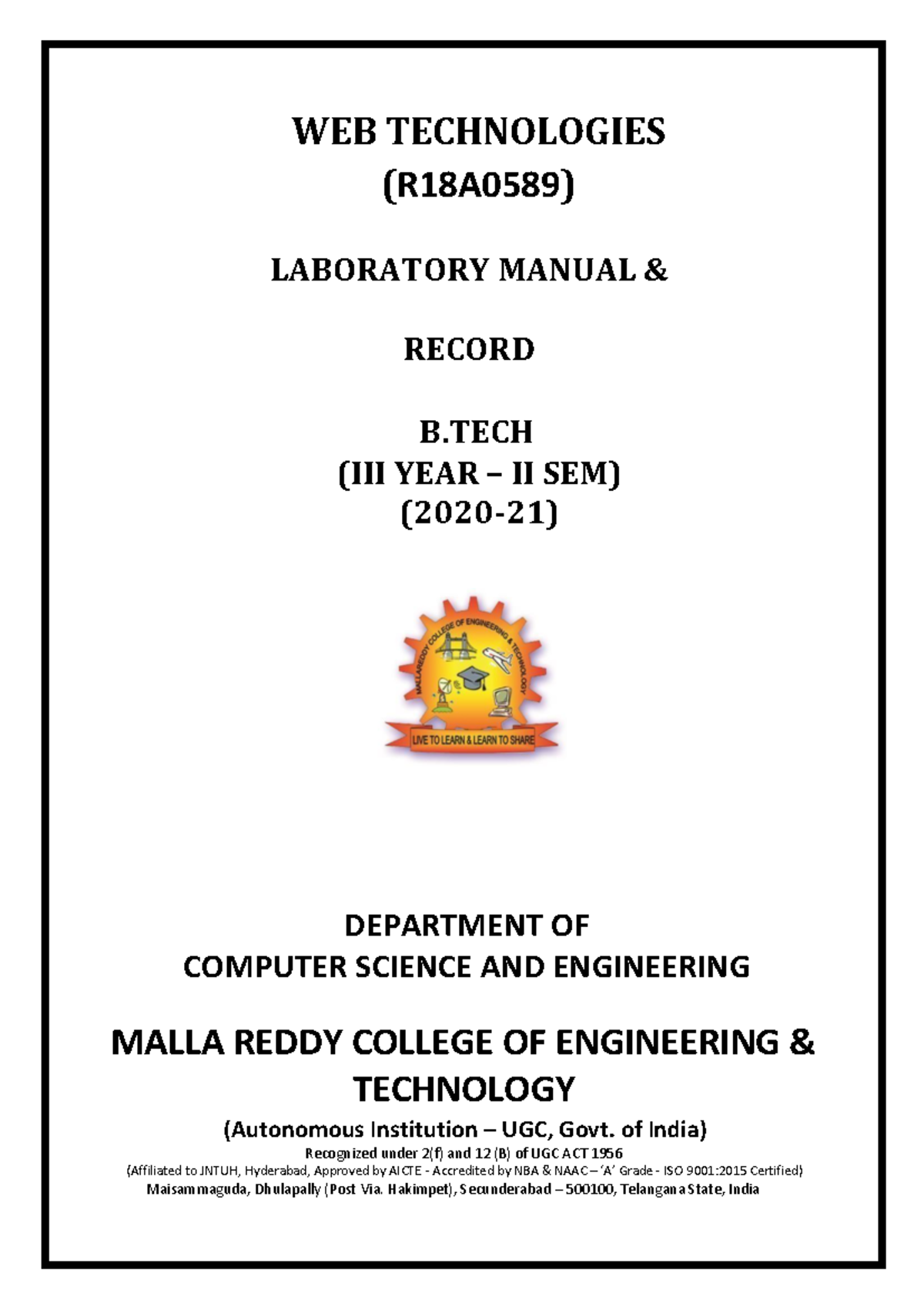 WEB Technologies LAB - WEB TECHNOLOGIES (R18A0589) LABORATORY MANUAL & RECORD B (III YEAR – II ...