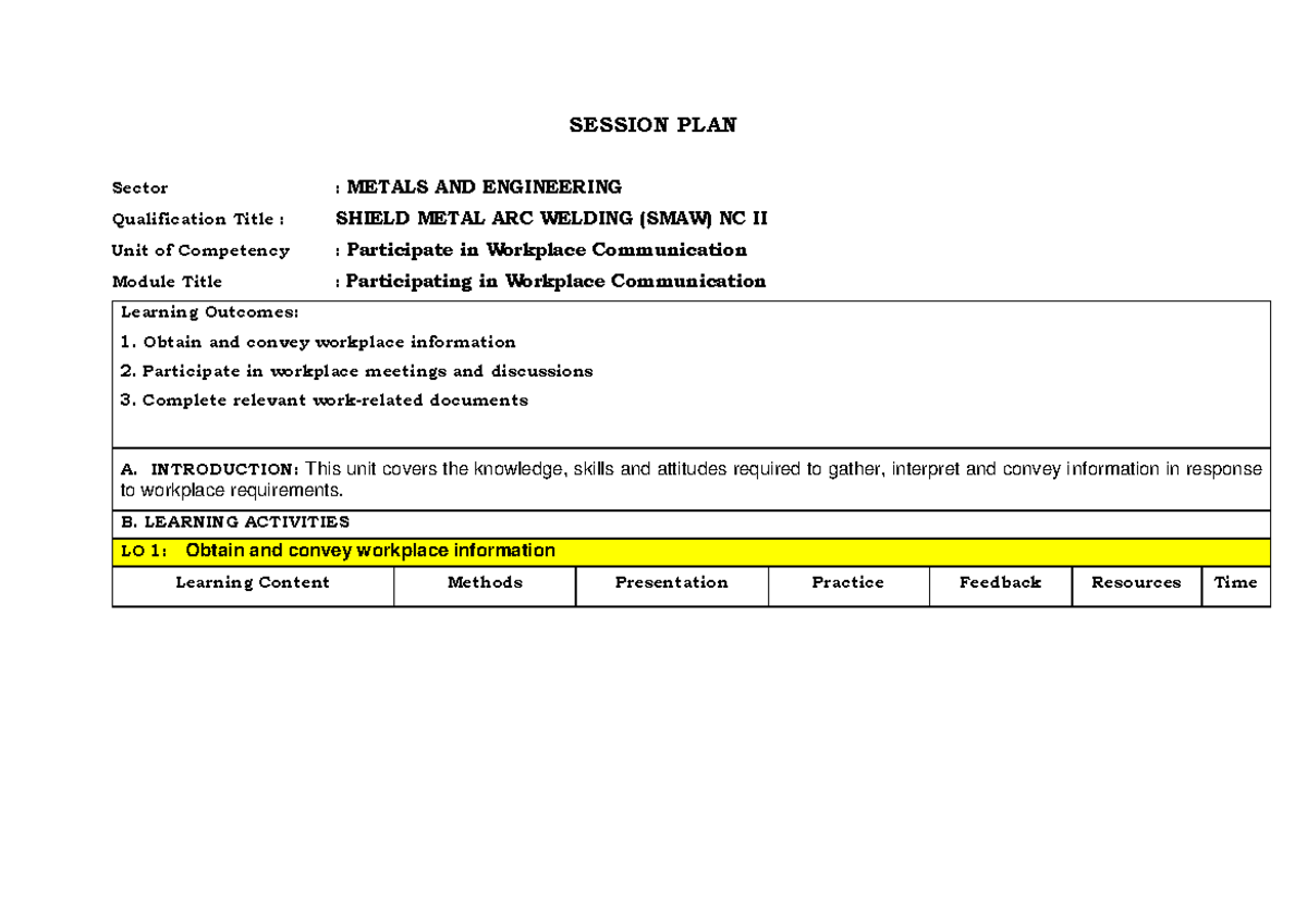 Toaz - session plan for smaw - SESSION PLAN Sector : METALS AND ...
