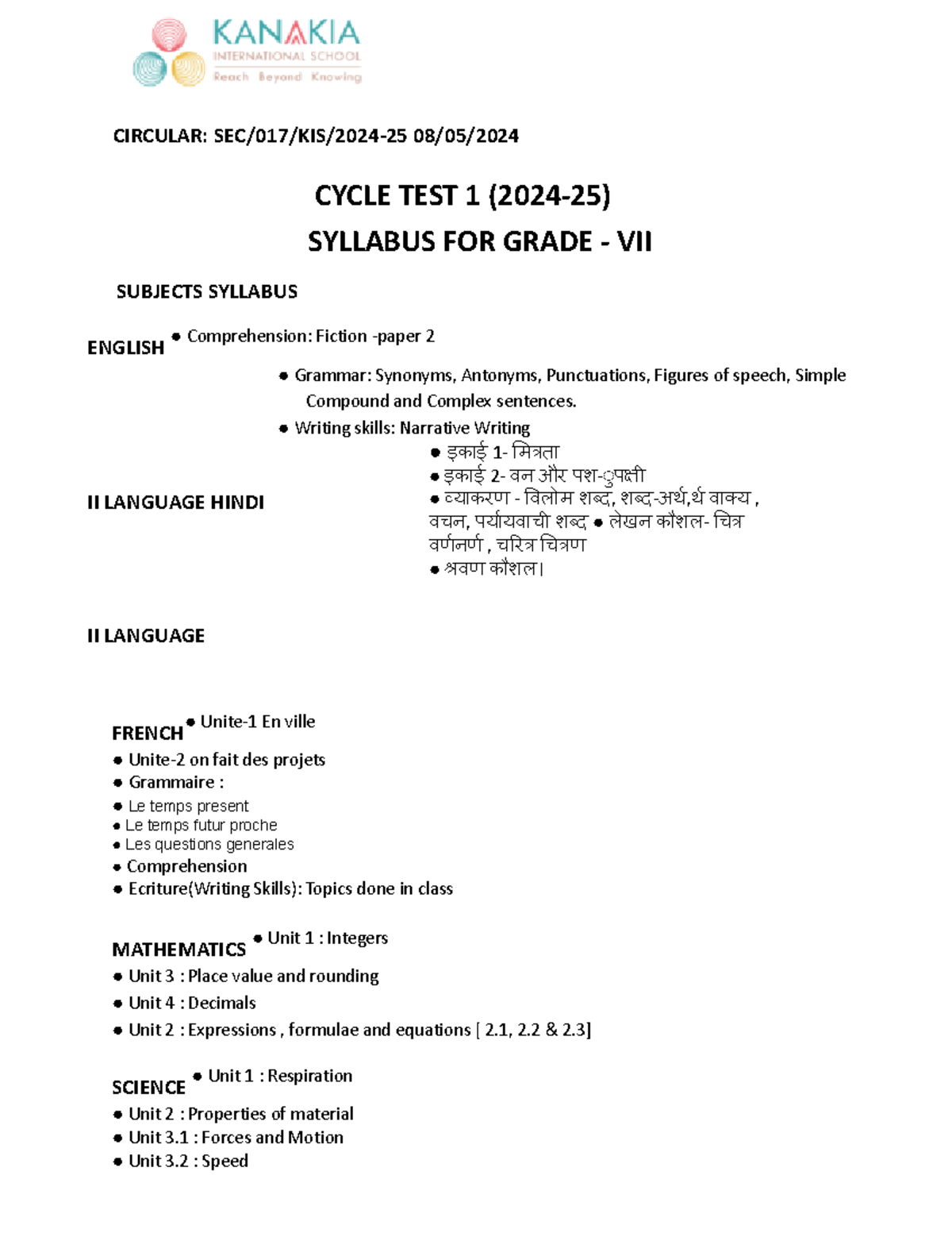 Syllabus CT 1 24-2025 Grade 7A - CIRCULAR: SEC/017/KIS/2024-25 08/05 ...