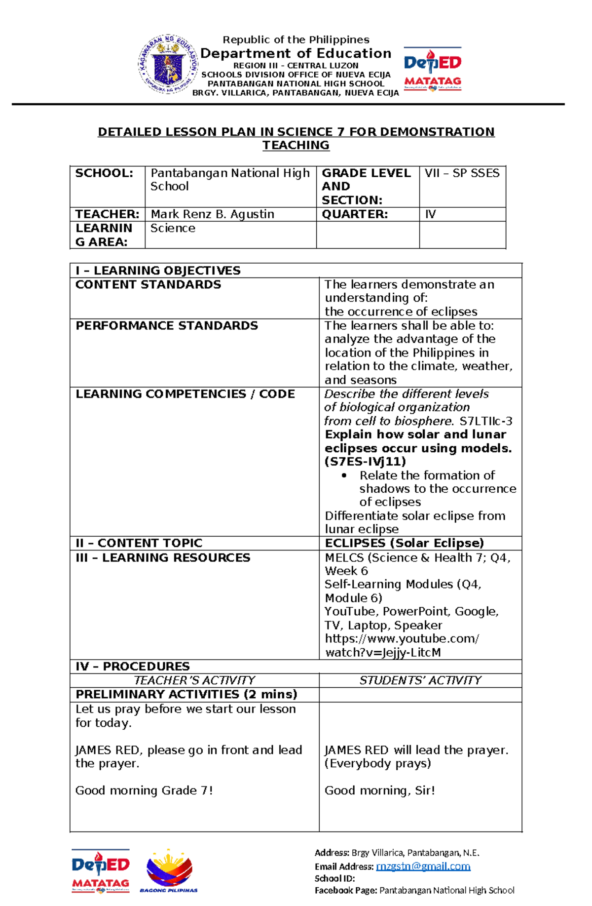 Detailed Lesson PLAN IN Science 7 FOR Demonstration Teaching - Address ...