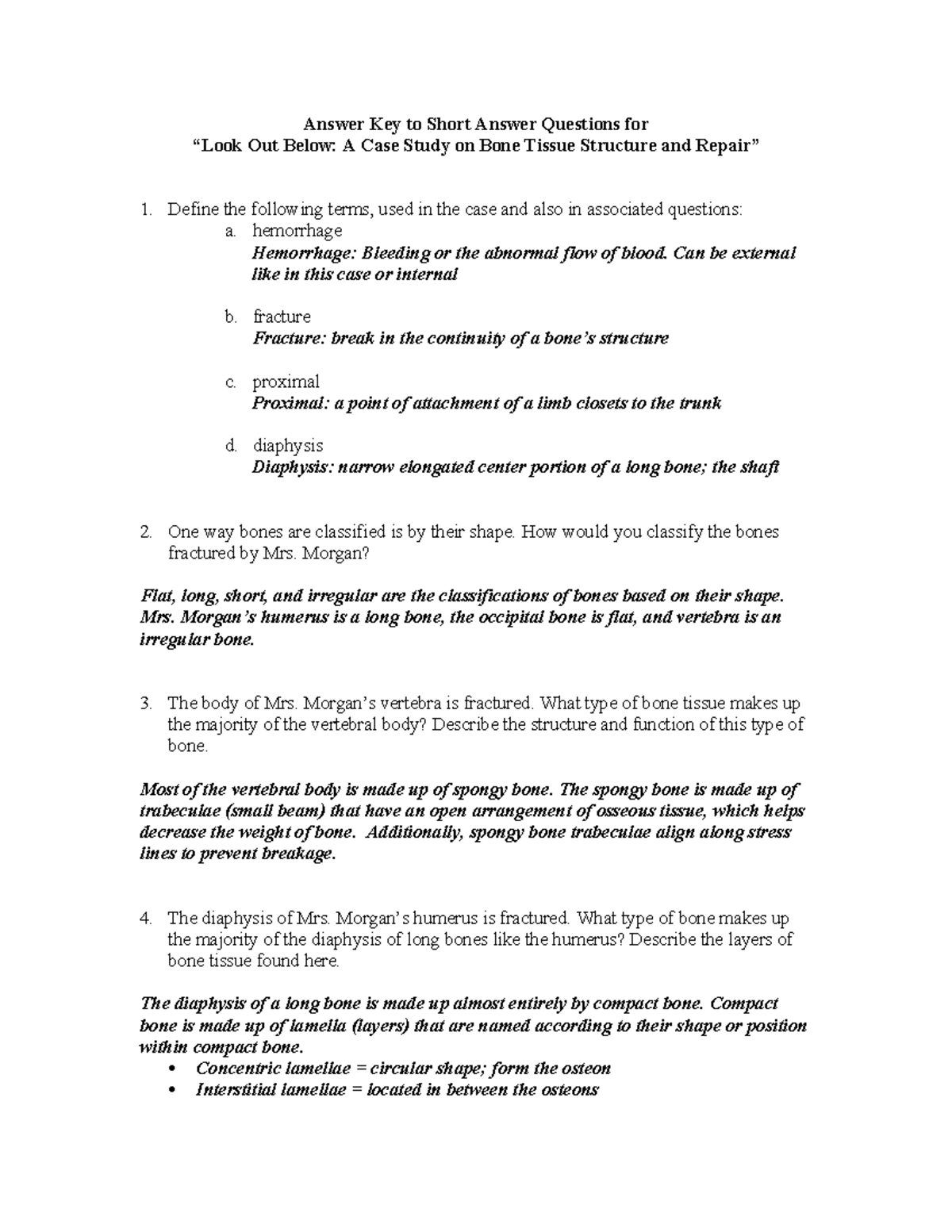 Bone-case worksheet answer key - Answer Key to Short Answer Questions ...