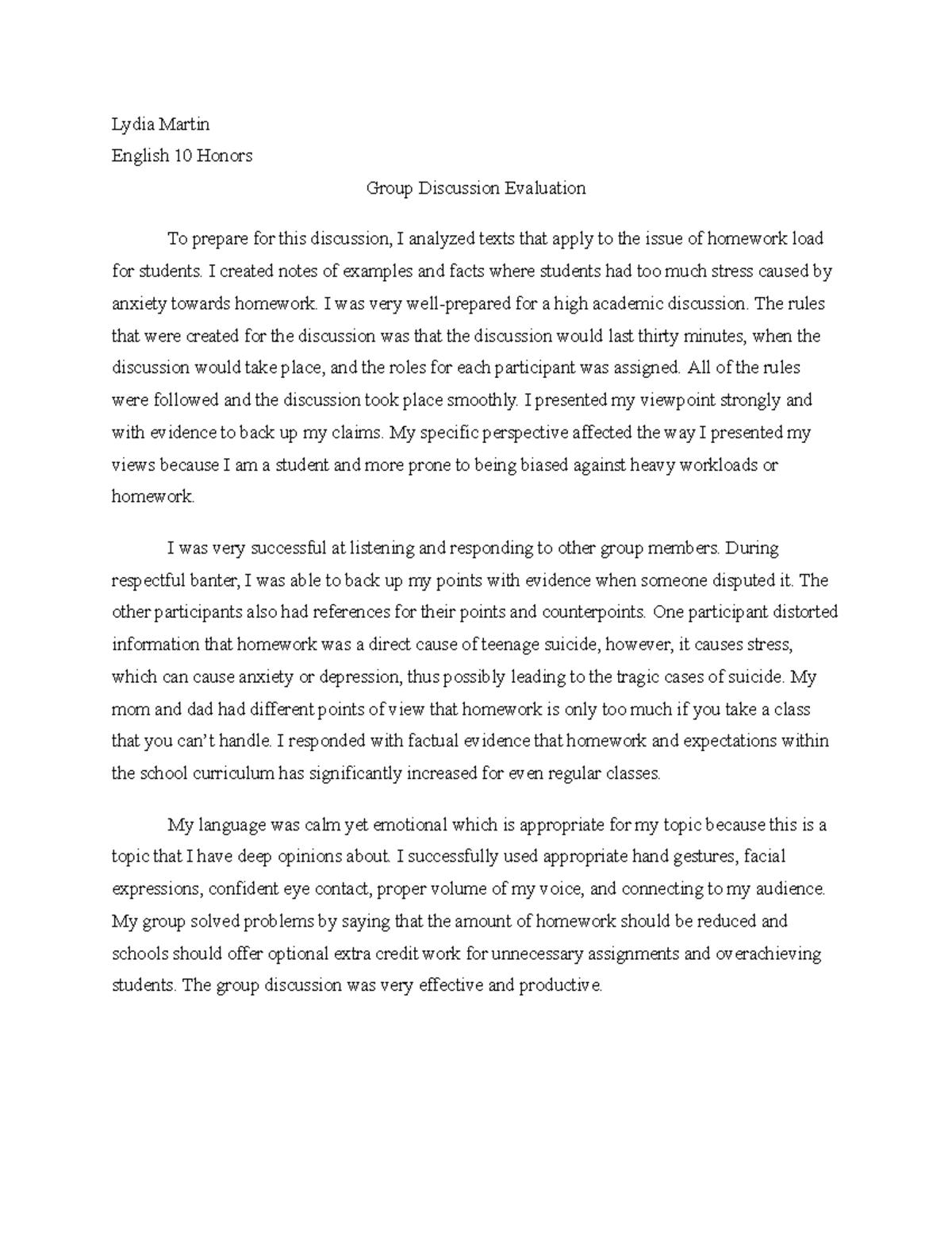 Group Discussion Evaluation - Lydia Martin English 10 Honors Group ...