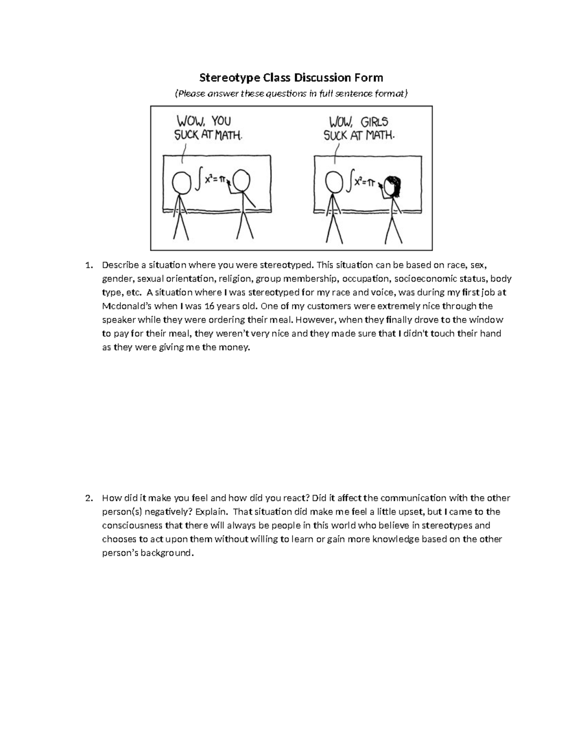 Stereotype Class Discussion - This situation can be based on race, sex ...
