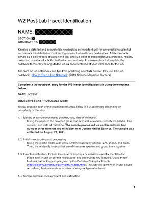 W5 Post-Lab - Post-Lab - W5 Barcoding PCR Post-Lab Assignment NAME: SECTION: GRADUATE TA ...